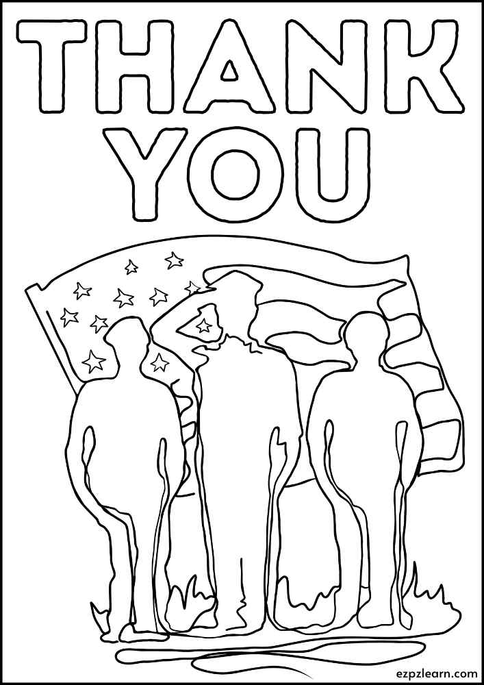 Thank You Coloring Page – Three Soldiers Saluting with American Flag ...