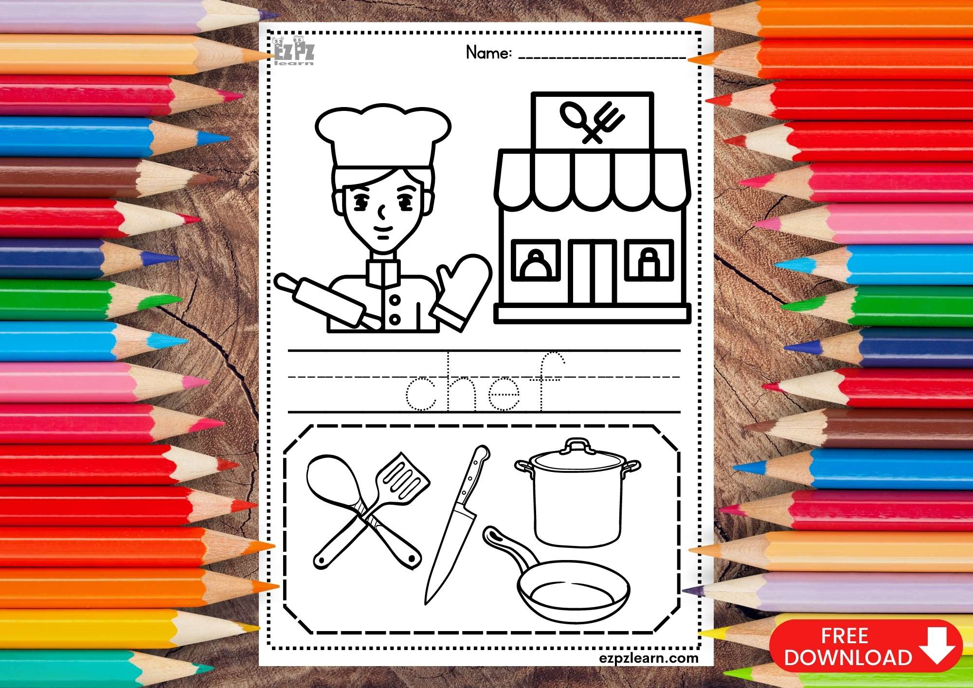 Chef Coloring and Trace the Word Page - Ezpzlearn.com