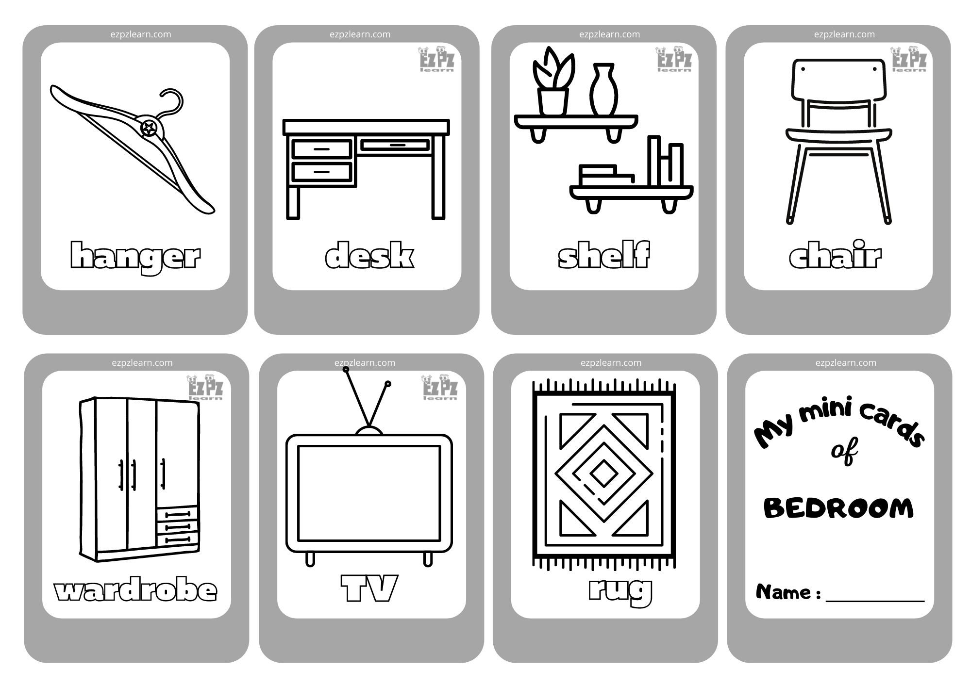 Bedroom 2 Mini Cards Coloring - Ezpzlearn.com