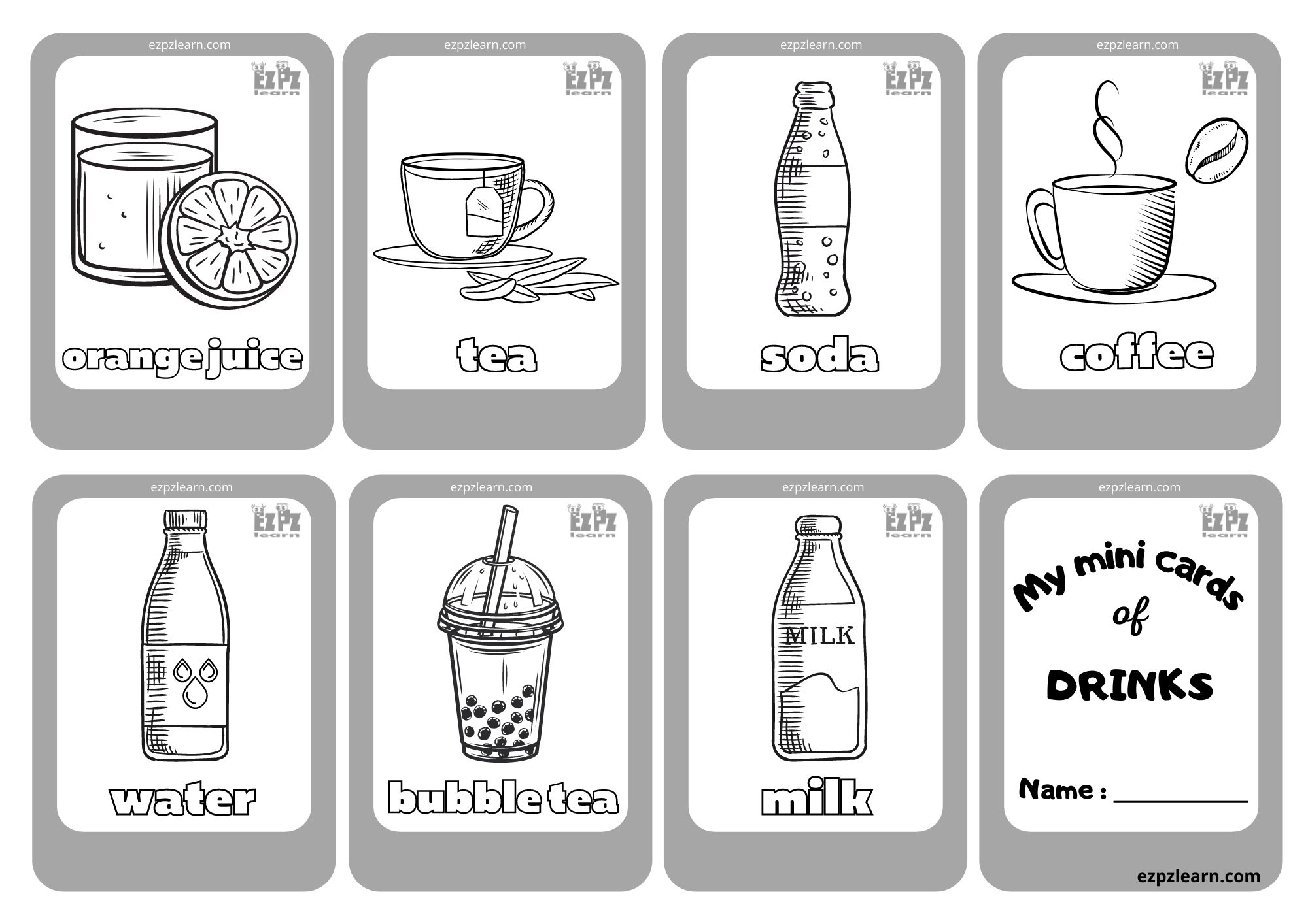 Drinks Mini Cards Coloring - Ezpzlearn.com