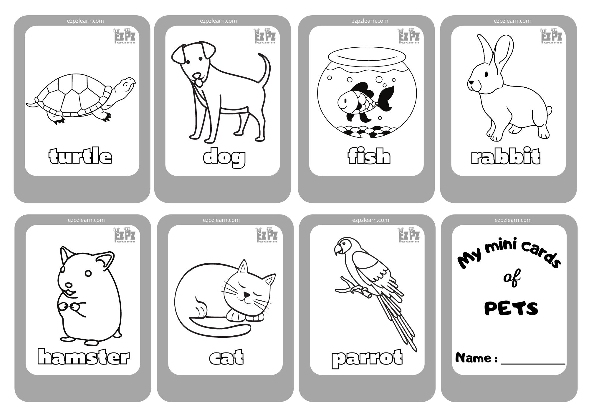 Pets Mini Cards Coloring - Ezpzlearn.com