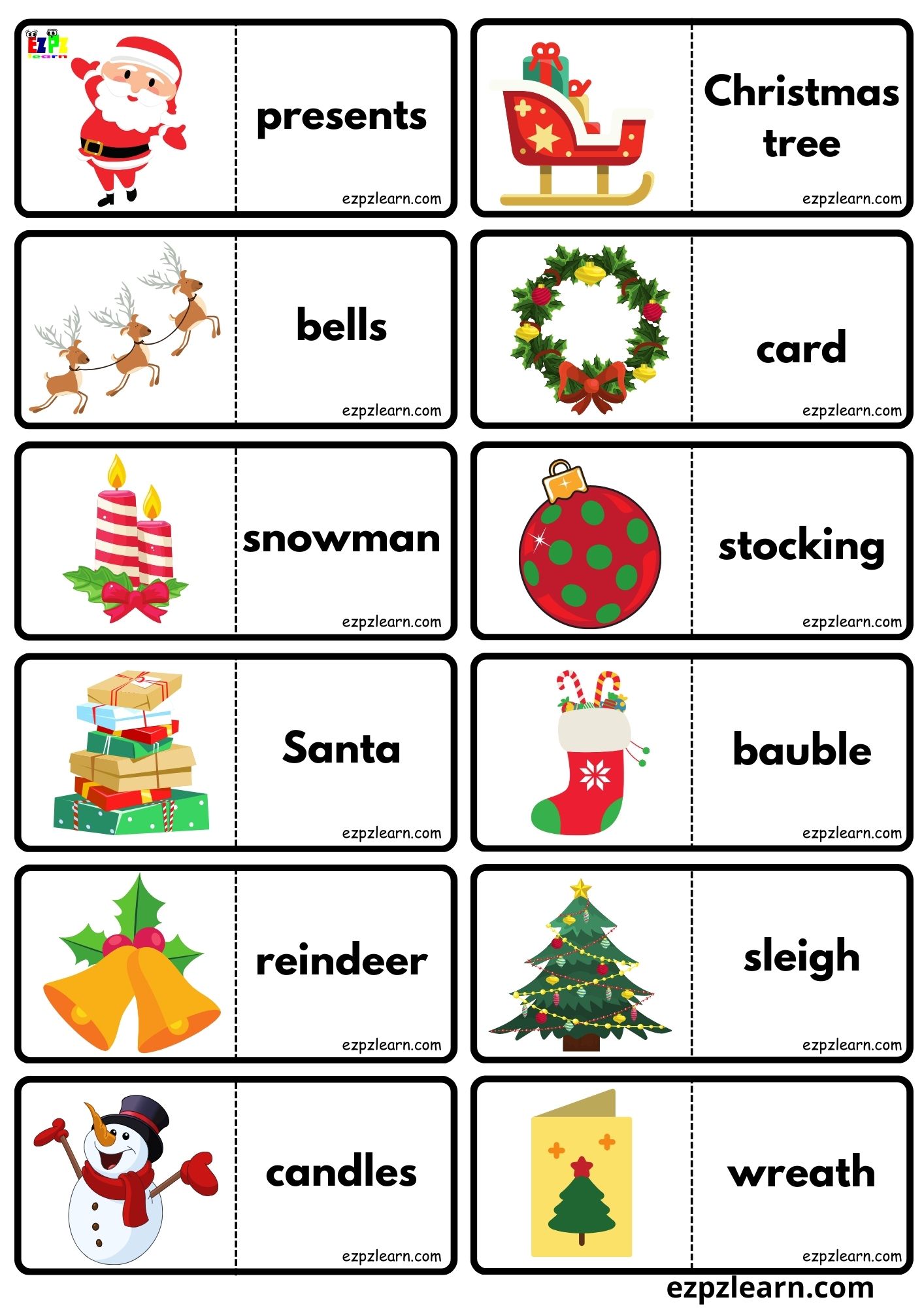 Christmas Holiday Vocabulary Dominoes Matching Game for Kids Free PDF ...
