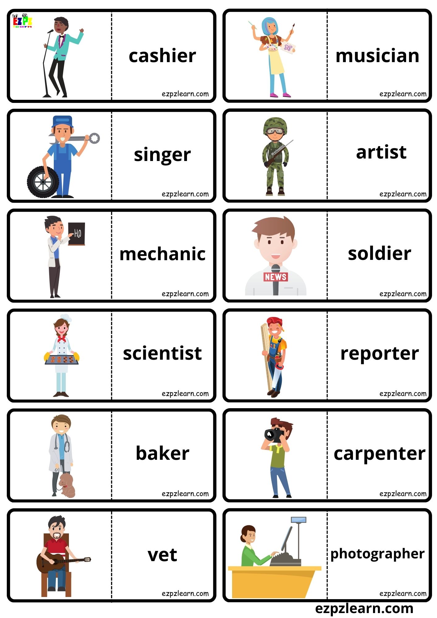 Jobs Occupations and Professions Vocabulary Dominoes Matching Game for ...