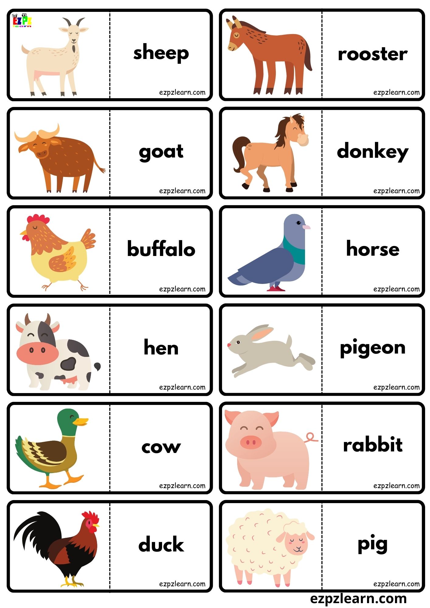 Farm Animals Vocabulary Dominoes Matching Game for Kids and English ...