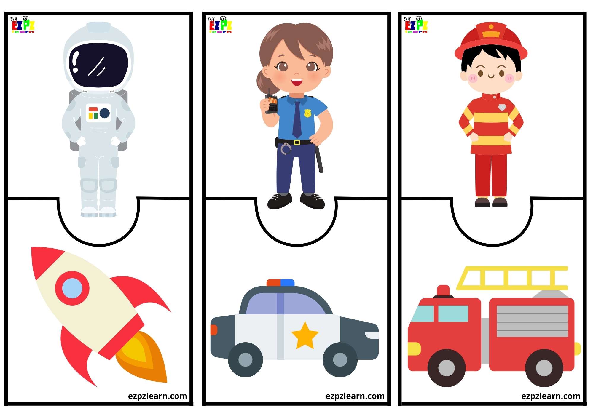 Astronaut, Police Officer and Firefighter Puzzle Match - Ezpzlearn.com
