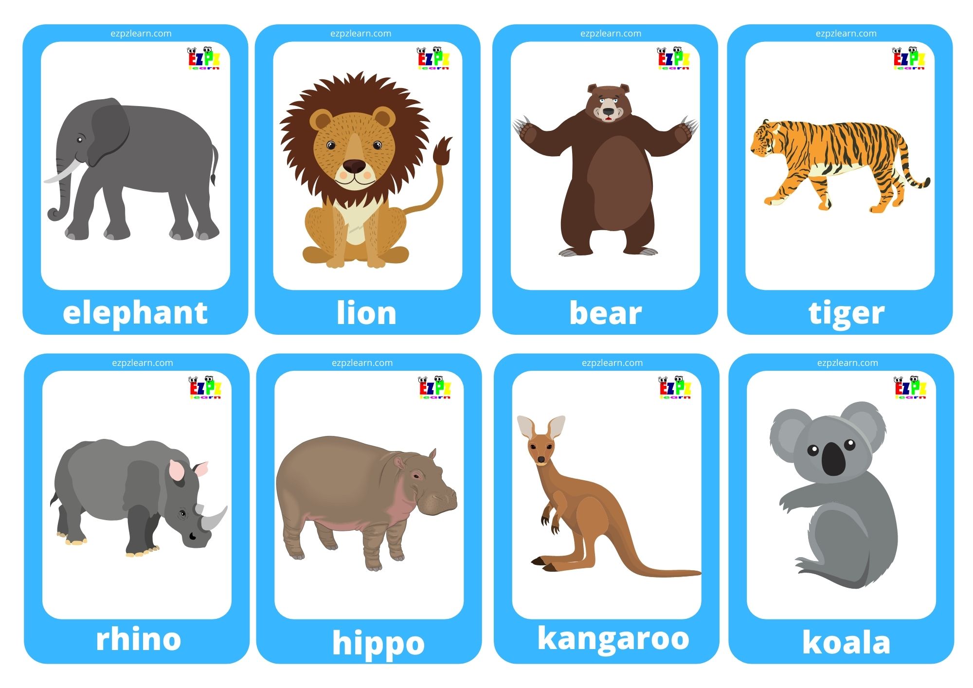 Wild Animals Game Cards / Mini Flashcards - Ezpzlearn.com