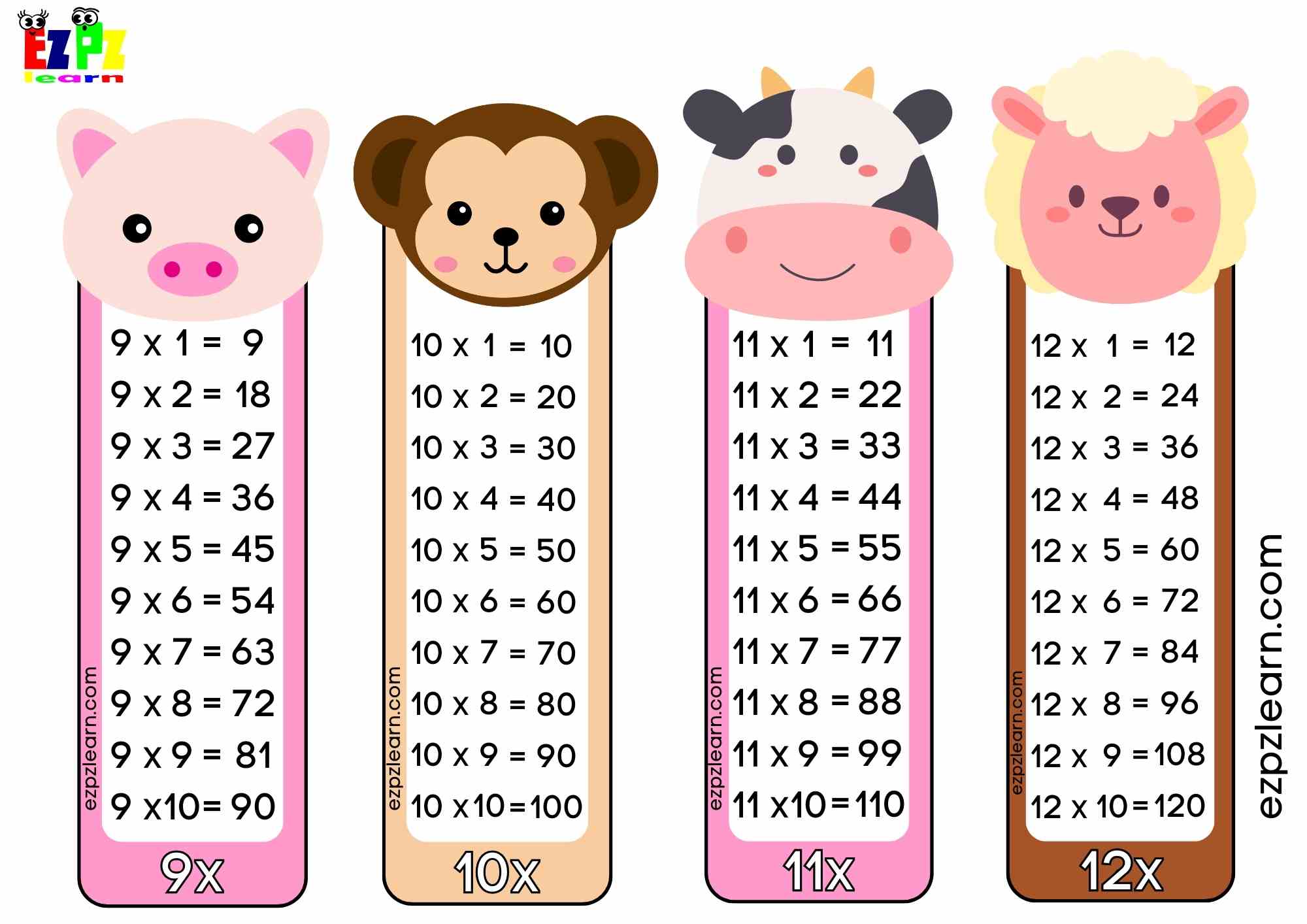 Fun Multiplication Times Table with Cute Animals For Kid's Math 9x, 10x ...
