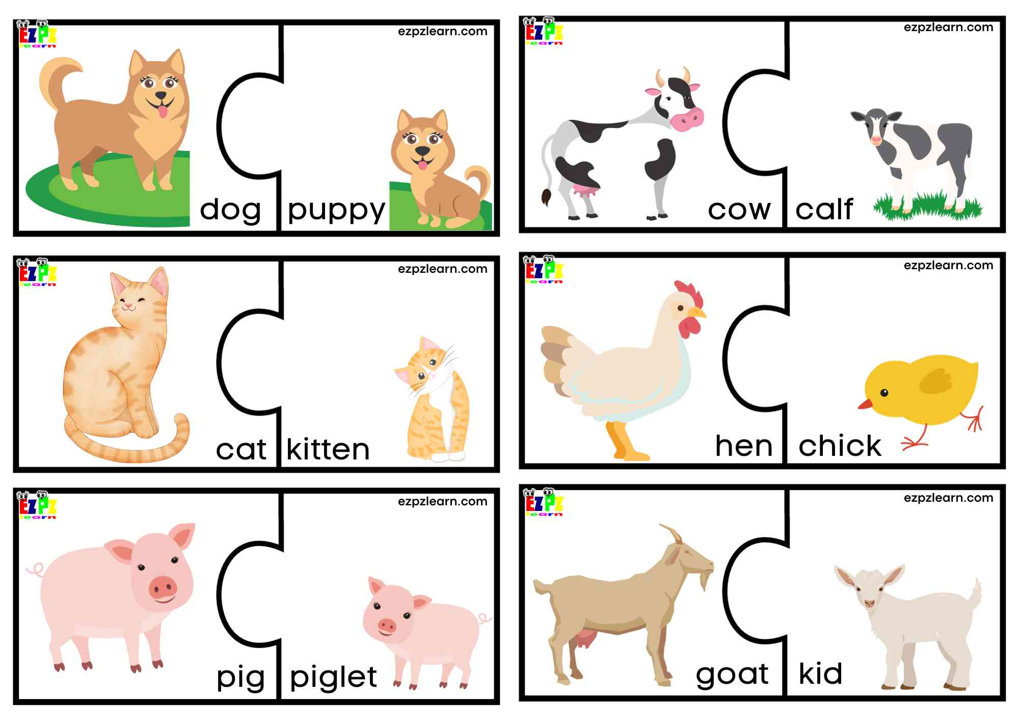 Animals and Their Young Puzzle Match Game 1 For Preschool, Kindergarten ...