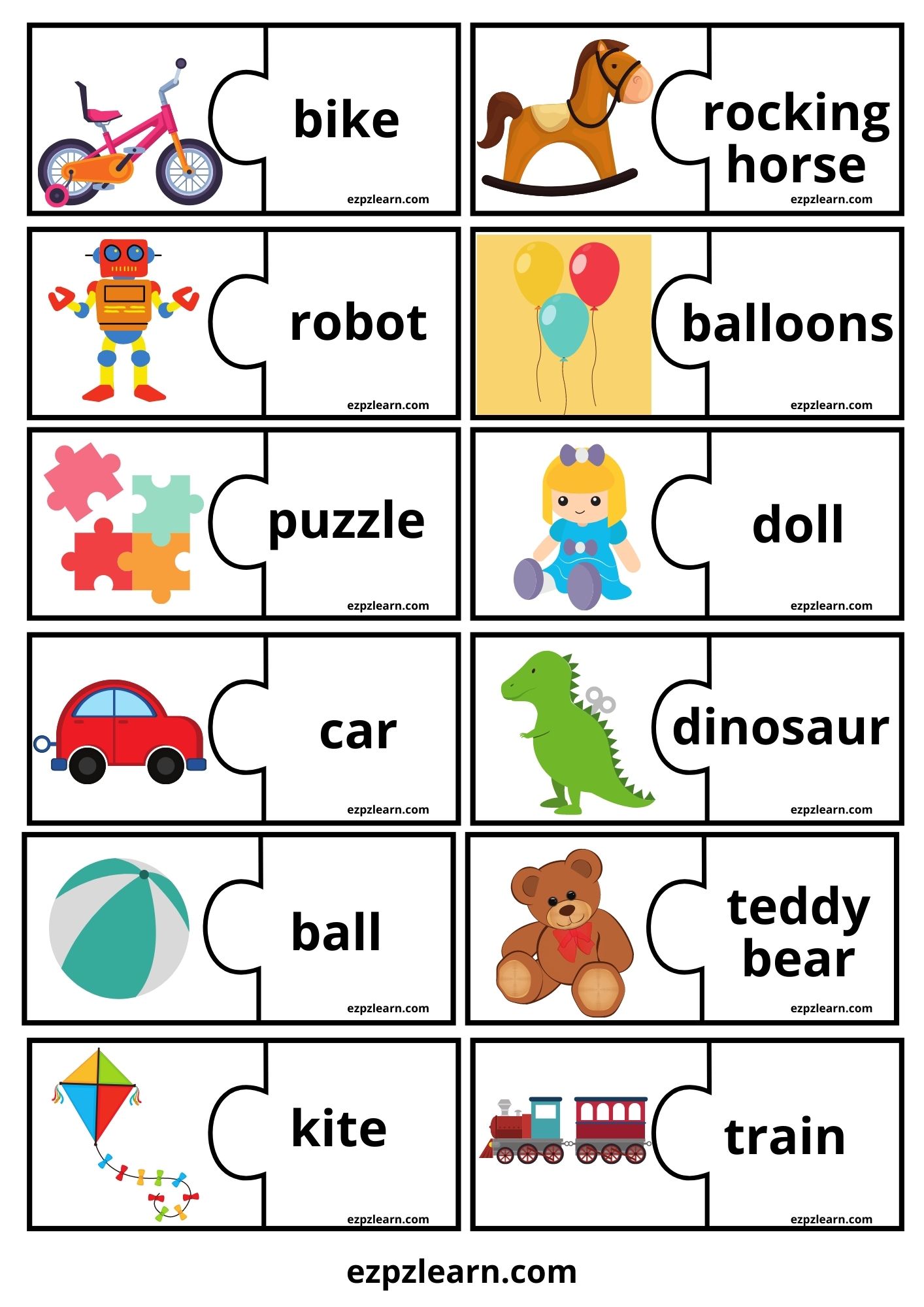 Toys Word Match Game - Ezpzlearn.com