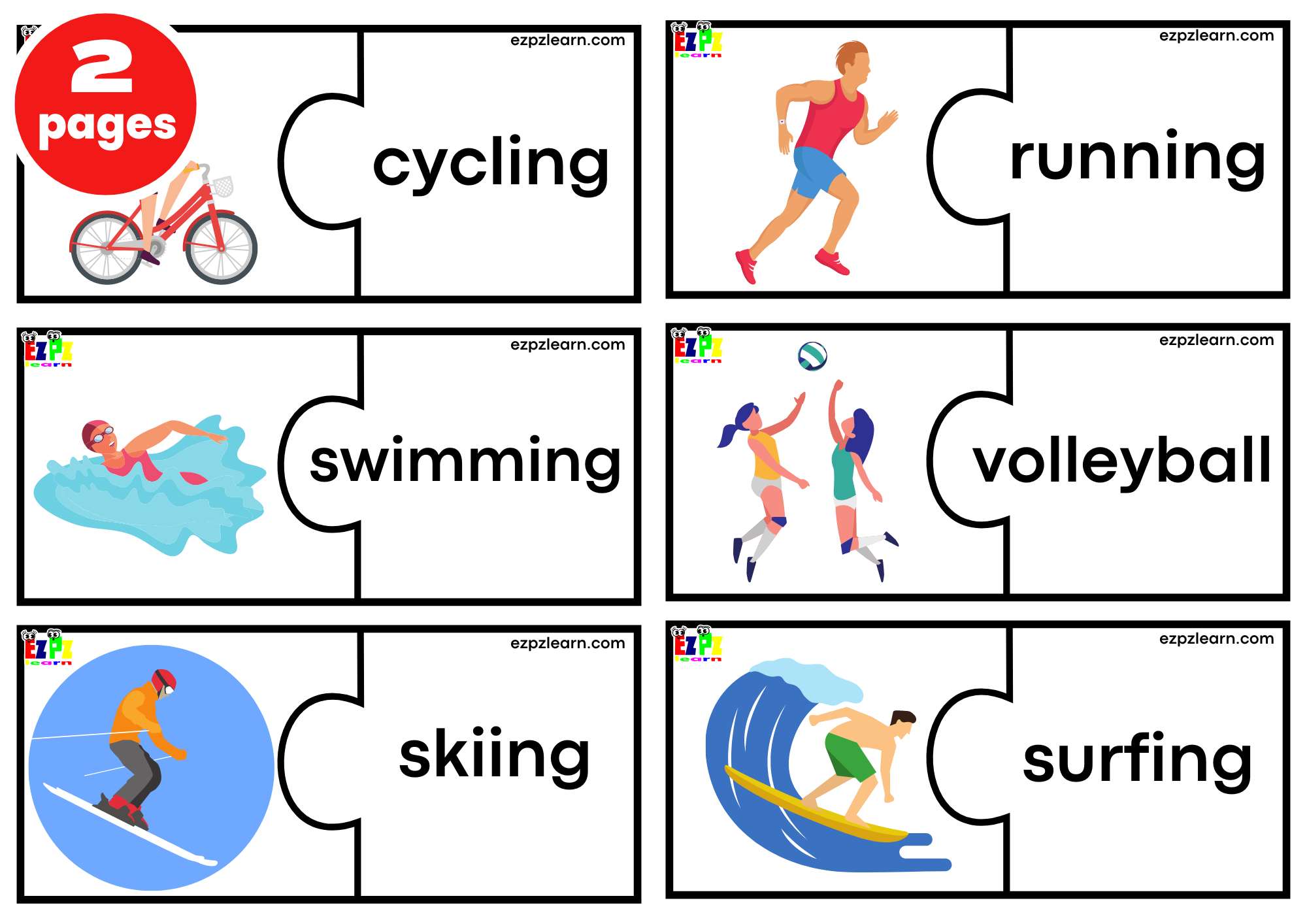 Sports Puzzle Match Game 1. Large Size 6 Words per page. Free PDF ...