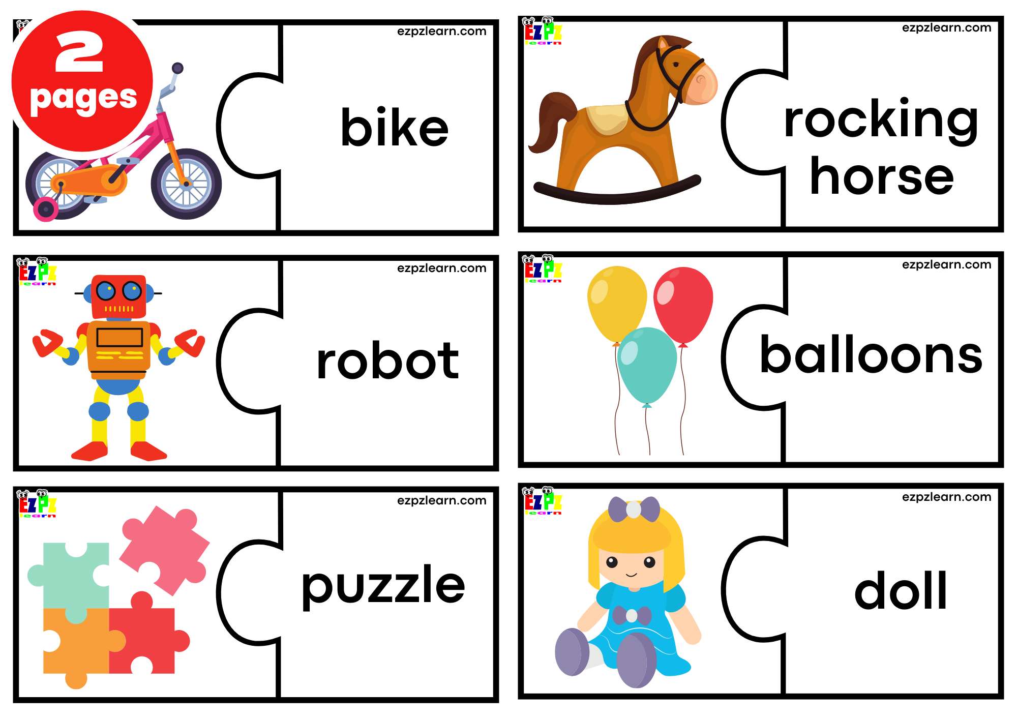 Toys Puzzle Match Game. Large Size 6 Words per page. Free PDF Download ...