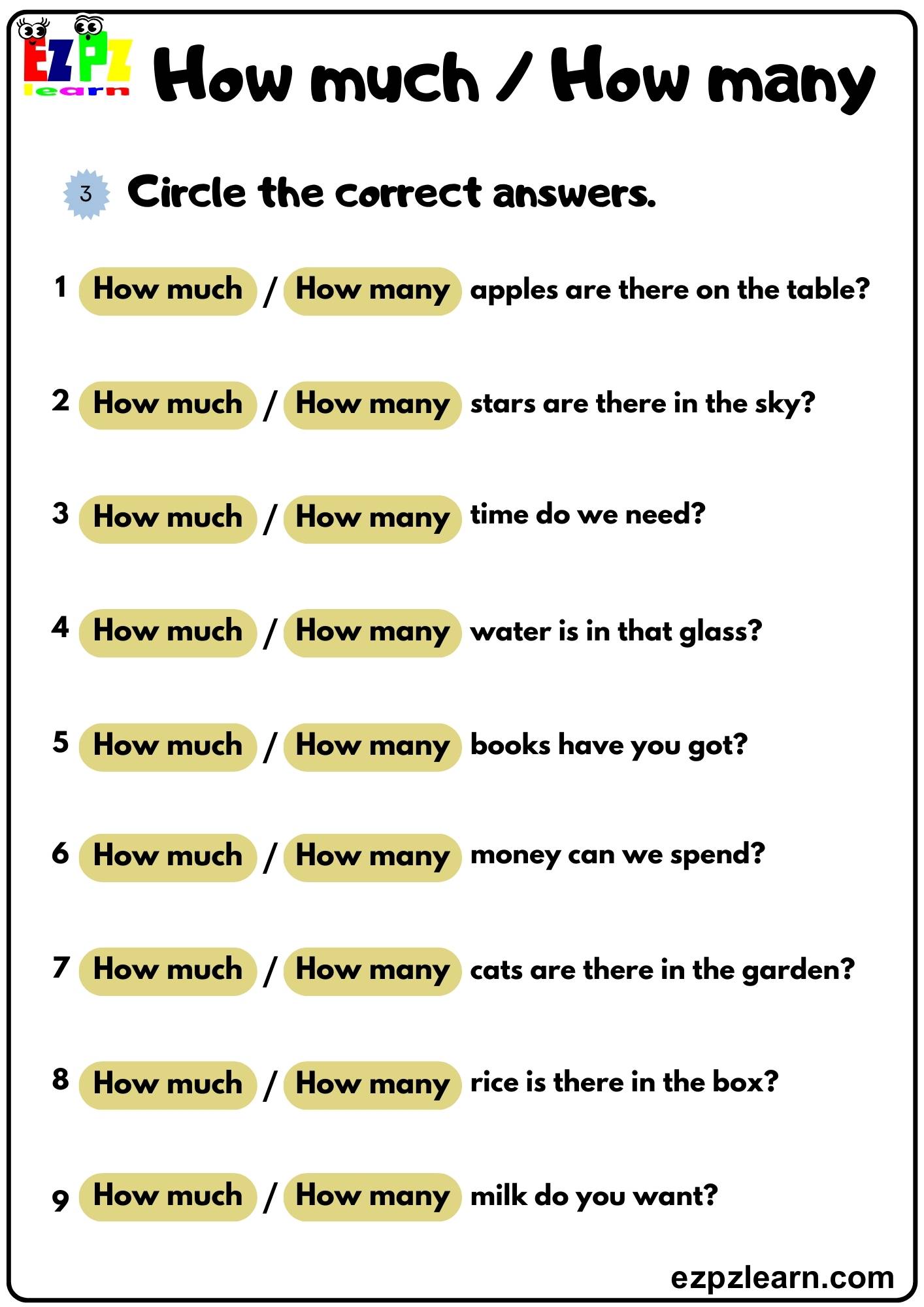Countable and Uncountable Nouns How Much / How Many Circle the Correct ...