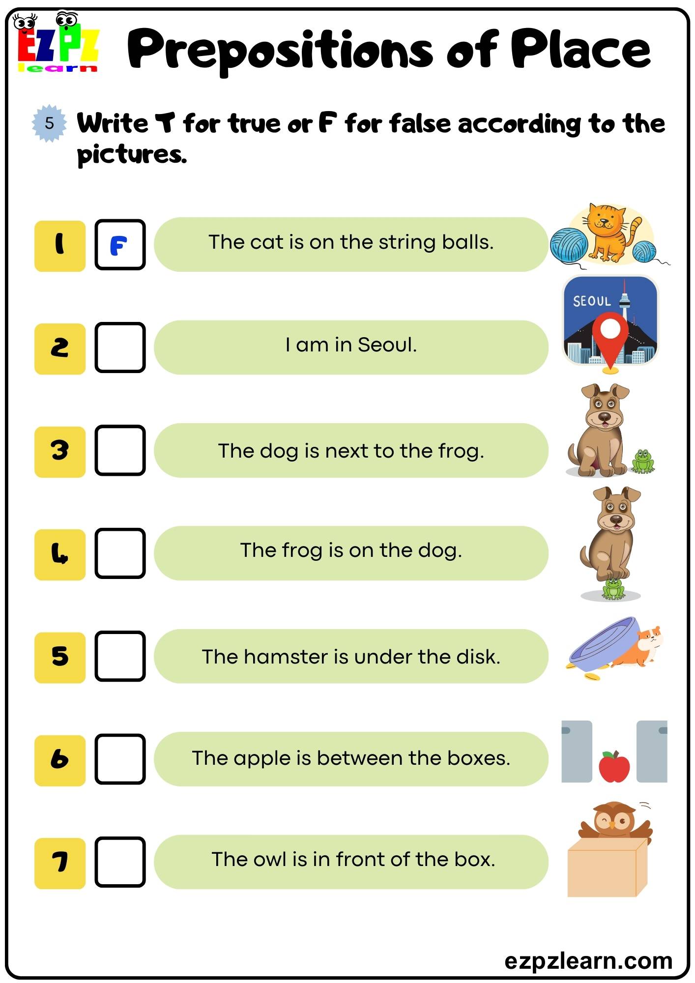 Prepositions of Place True or False Grammar Worksheet Bk 1 pdf ...