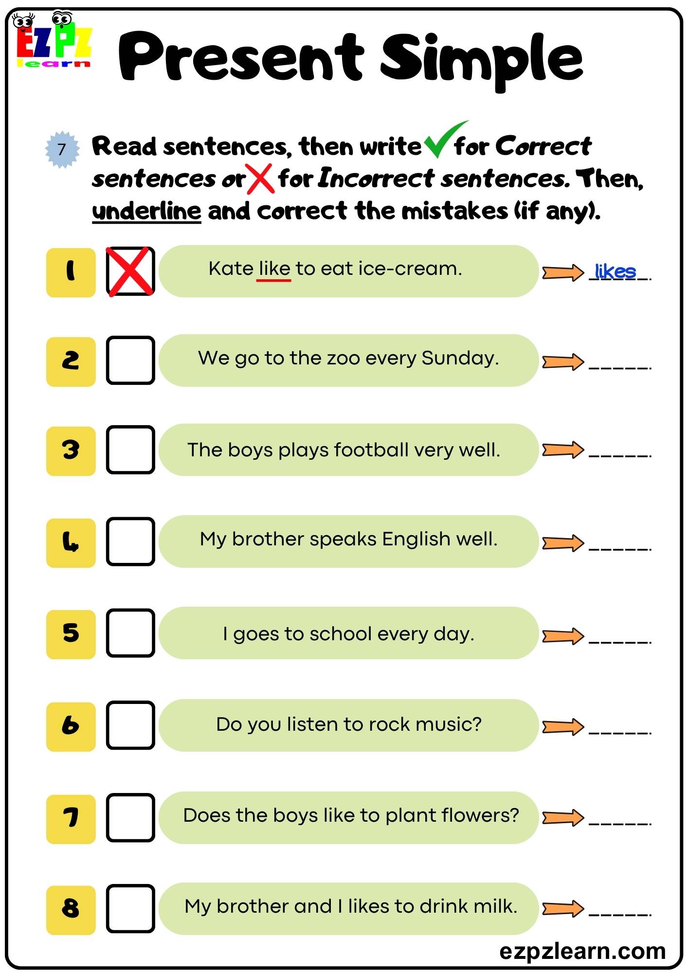 Present Simple Tense Read Check and Write the Words Grammar Worksheet ...