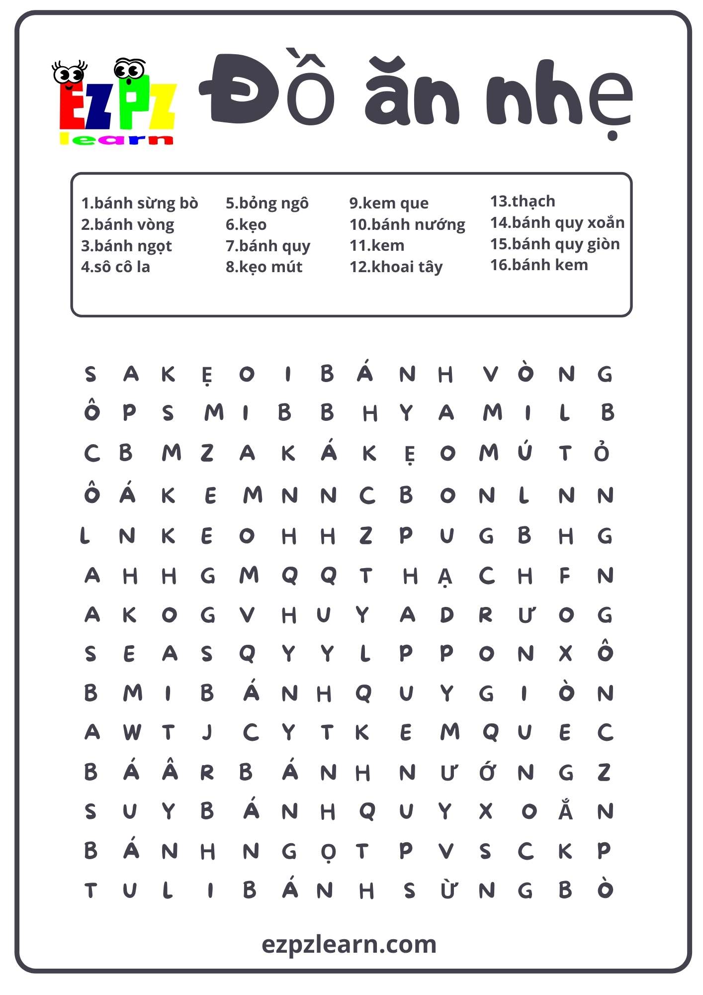 Snacks Word Search - Ezpzlearn.com