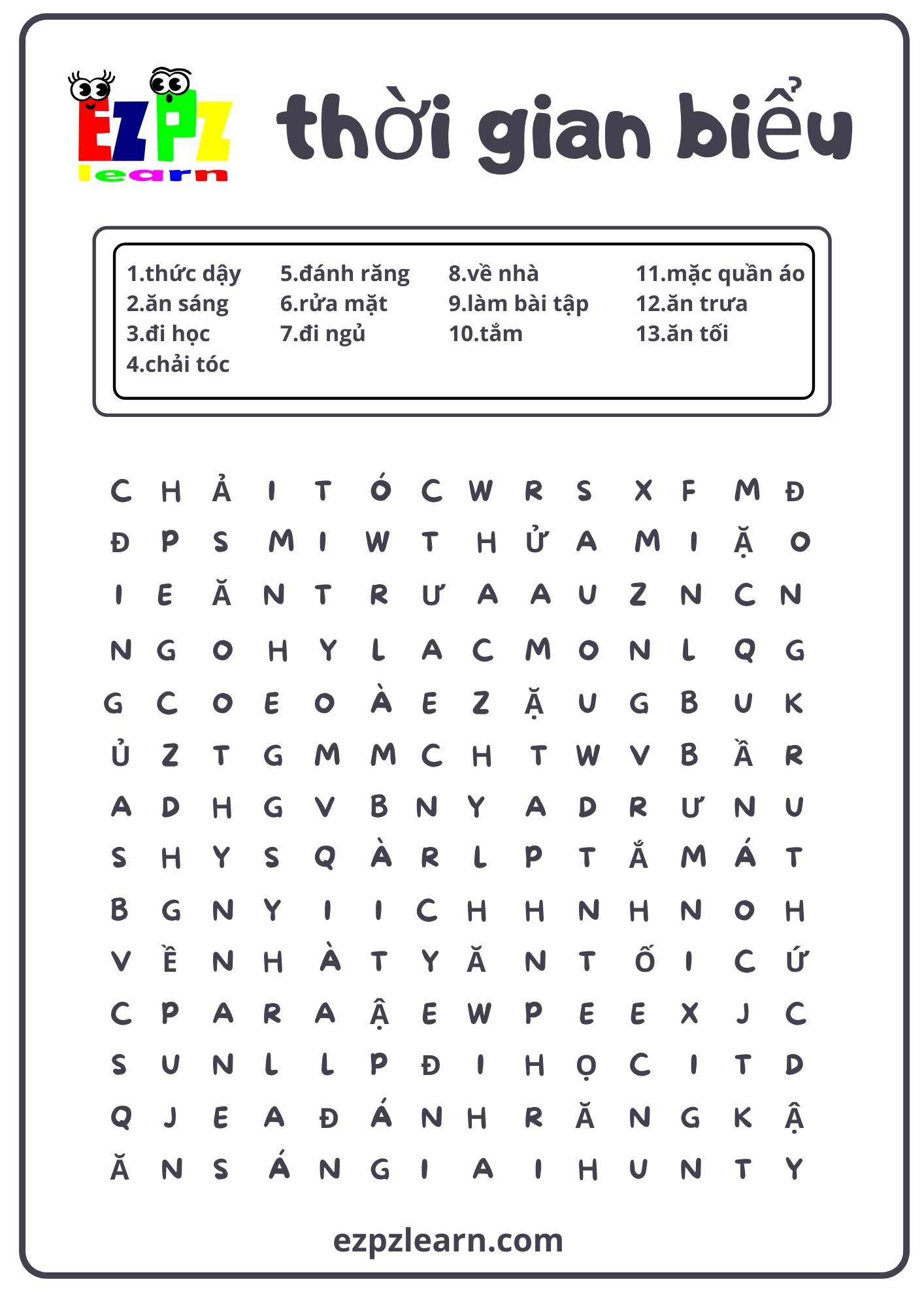 Daily Routine Word Search - Ezpzlearn.com