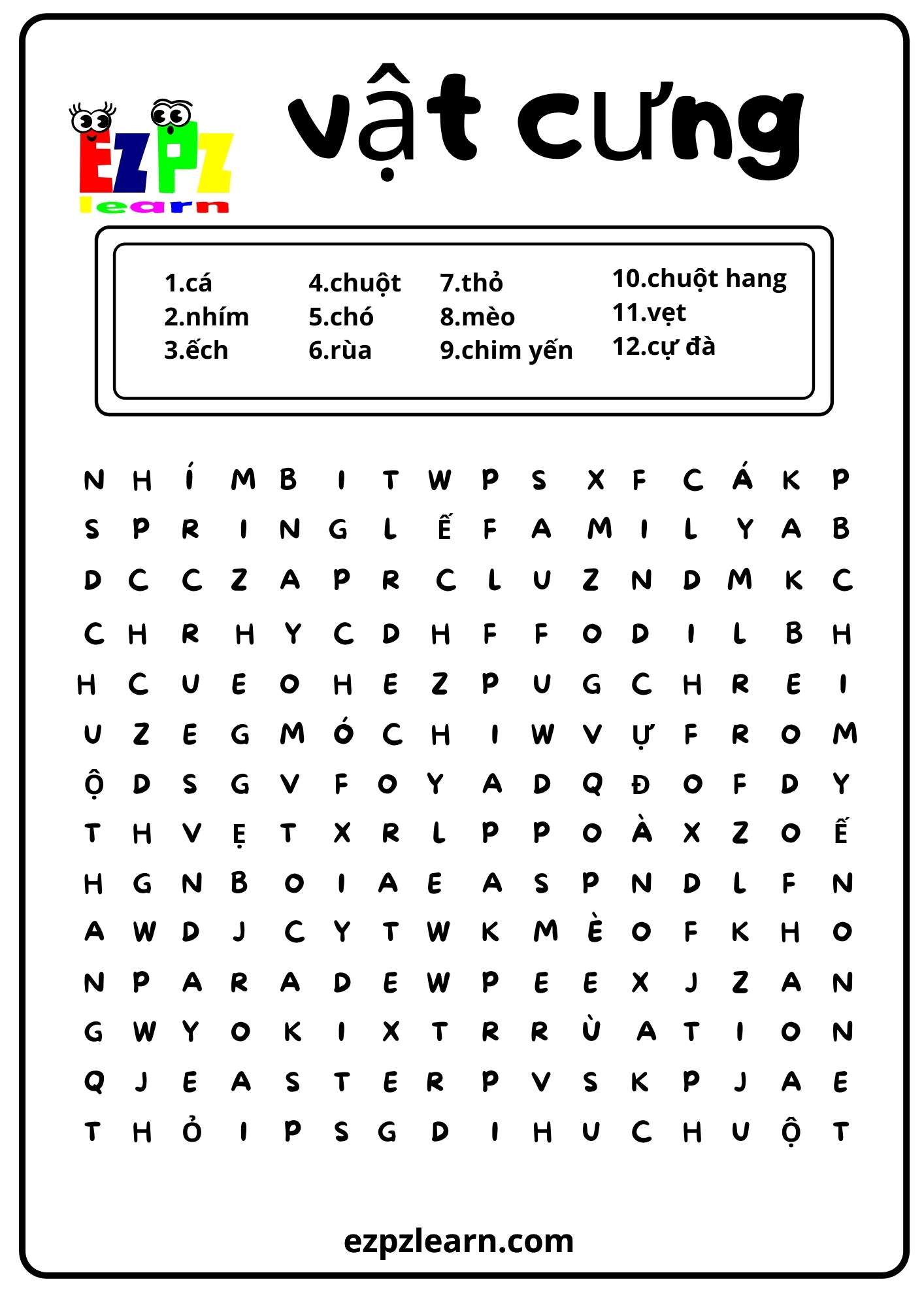 Pets Word Search - Ezpzlearn.com