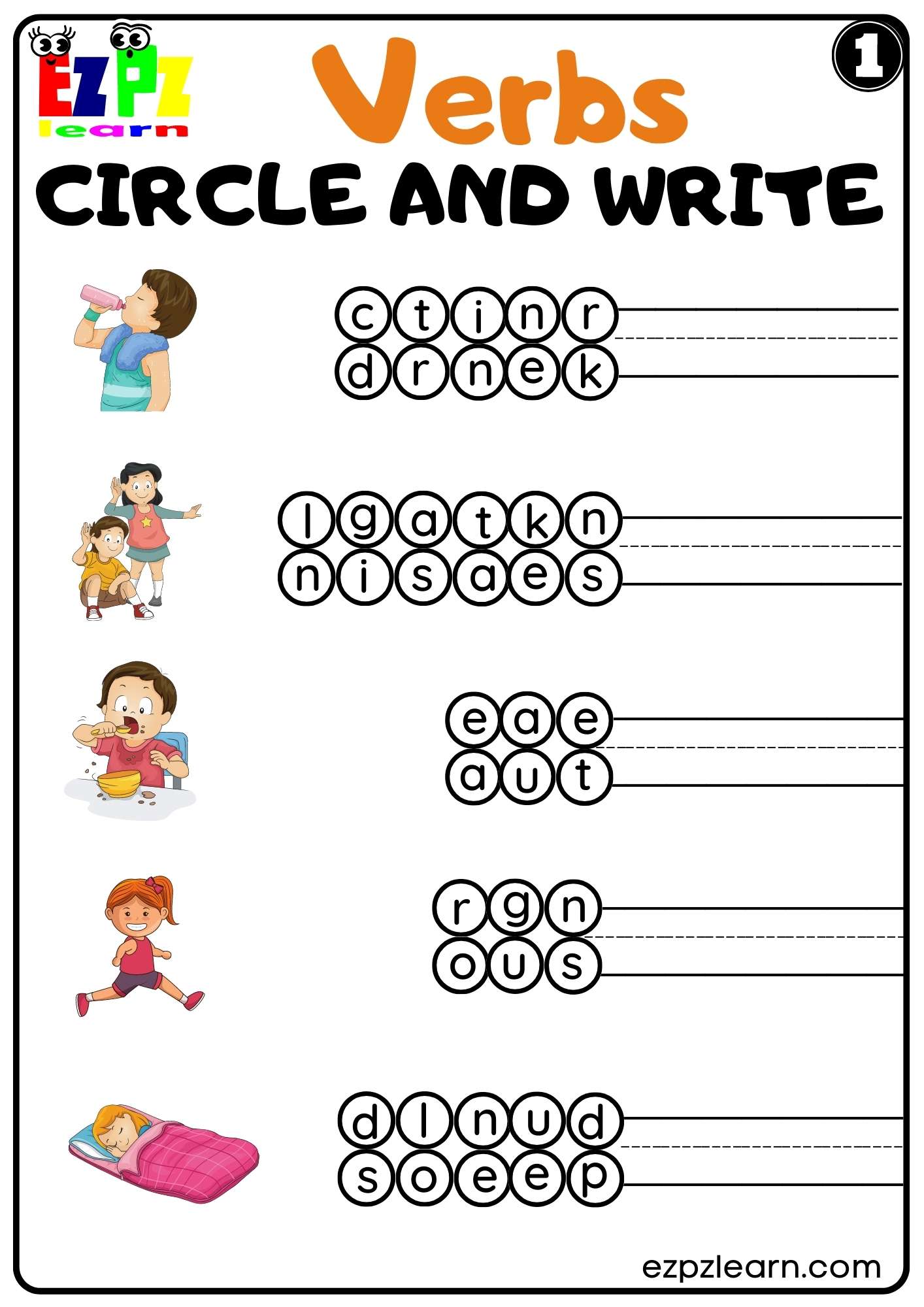 Verbs Circle and Write Worksheet for ESL and Home Schooling ...