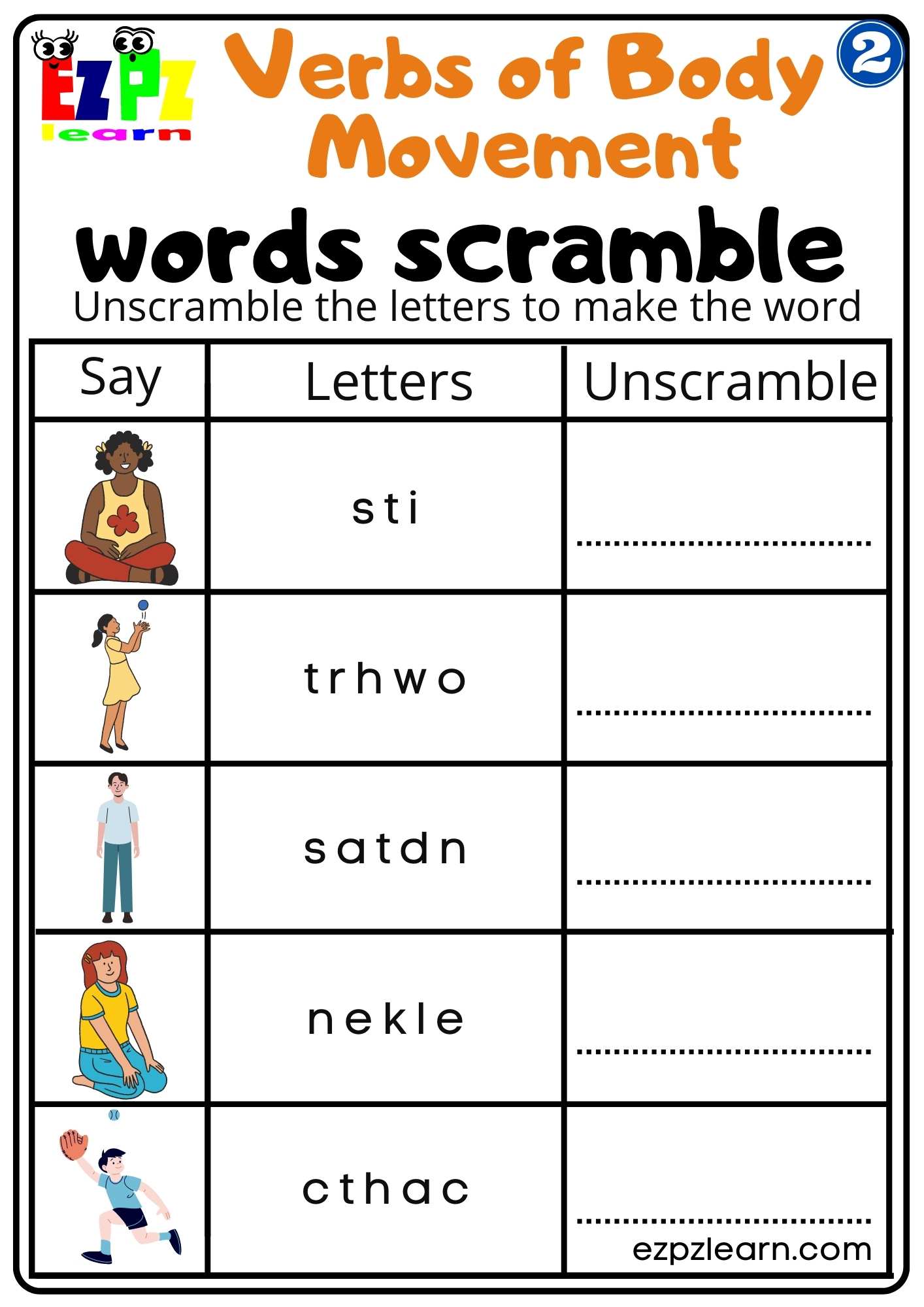 Group 2 Verbs of Body Movement Word Scramble Worksheet free PDF ...