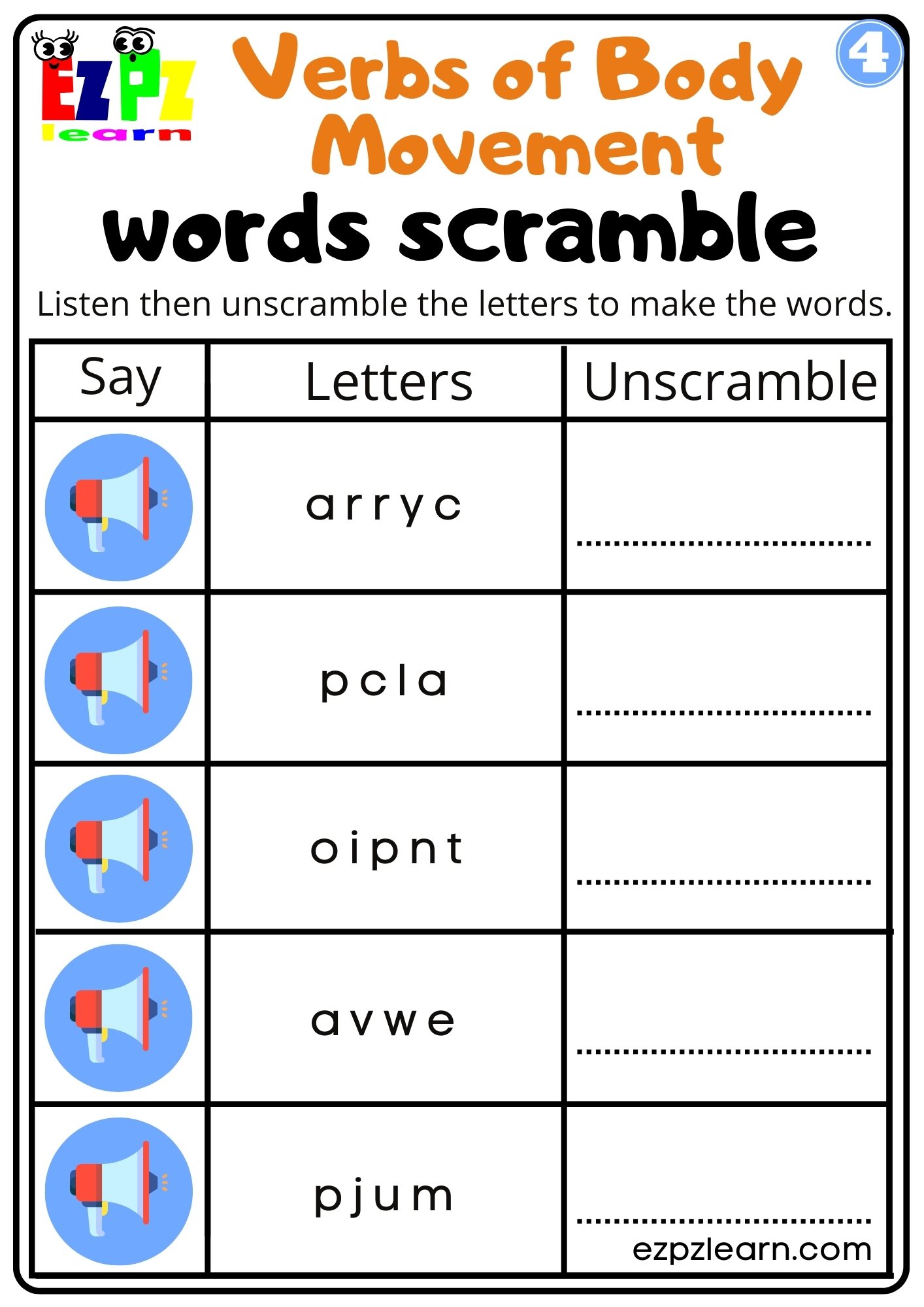 Verbs of Body Movement Interactive Vocabulary Worksheet Listen ...
