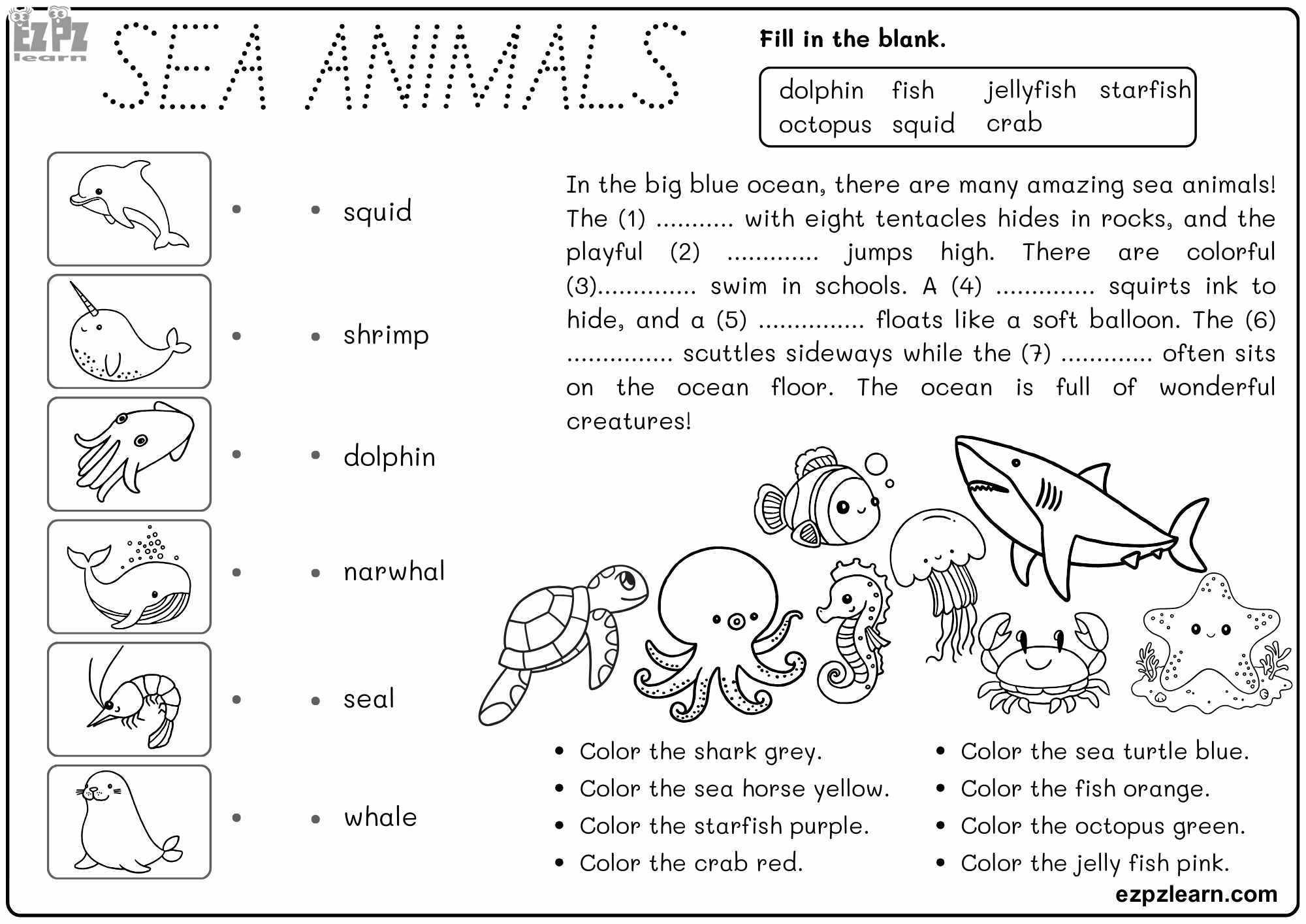Sea Animals matching activity. Read and fill in the blanks vocabulary ...