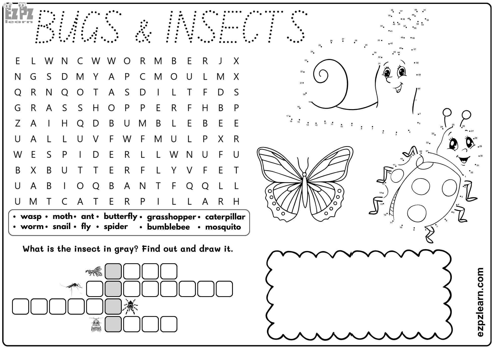 Bugs and Insects Vocabulary for Kids. Includes: Word Search, Drawing ...