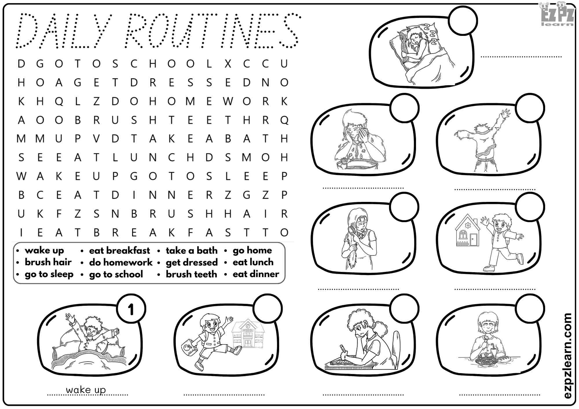 Daily Routines Vocabulary for Kids. Includes: Word Search, Coloring and ...