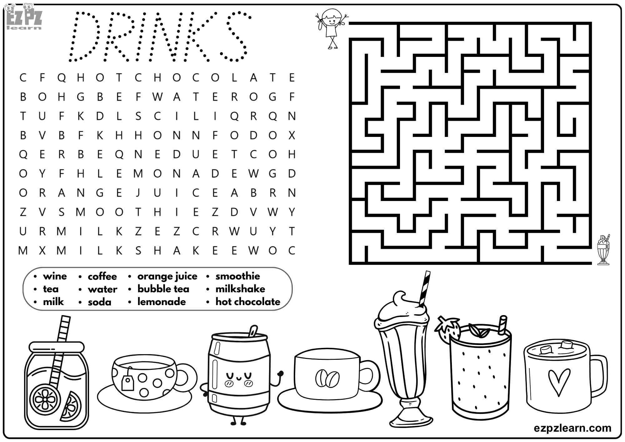 Drinks Vocabulary for Kids. Includes: Word Search, Coloring, and Maze ...