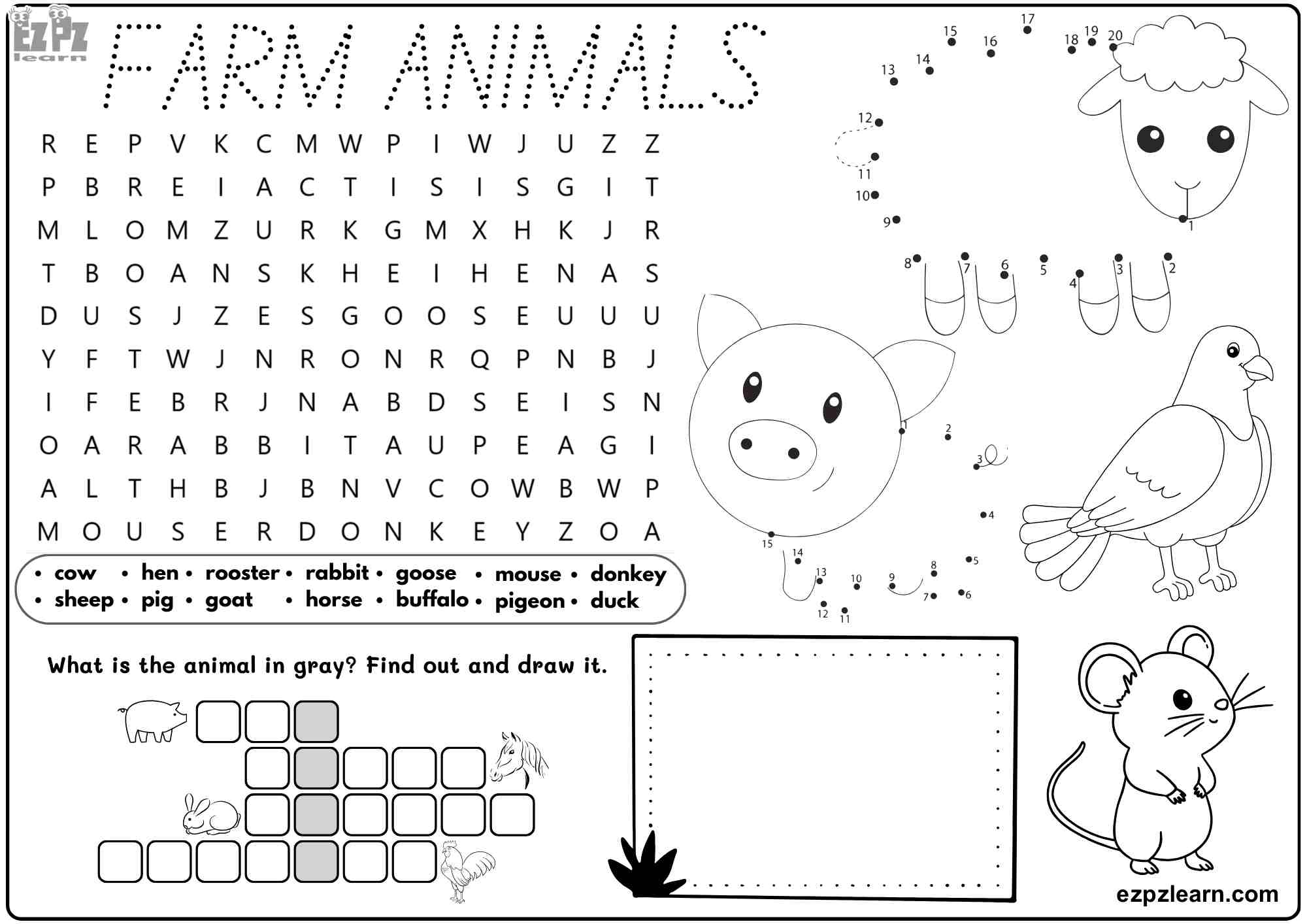 Farm Animals Vocabulary For Kids. Includes: Word Search, Dot to Dot ...