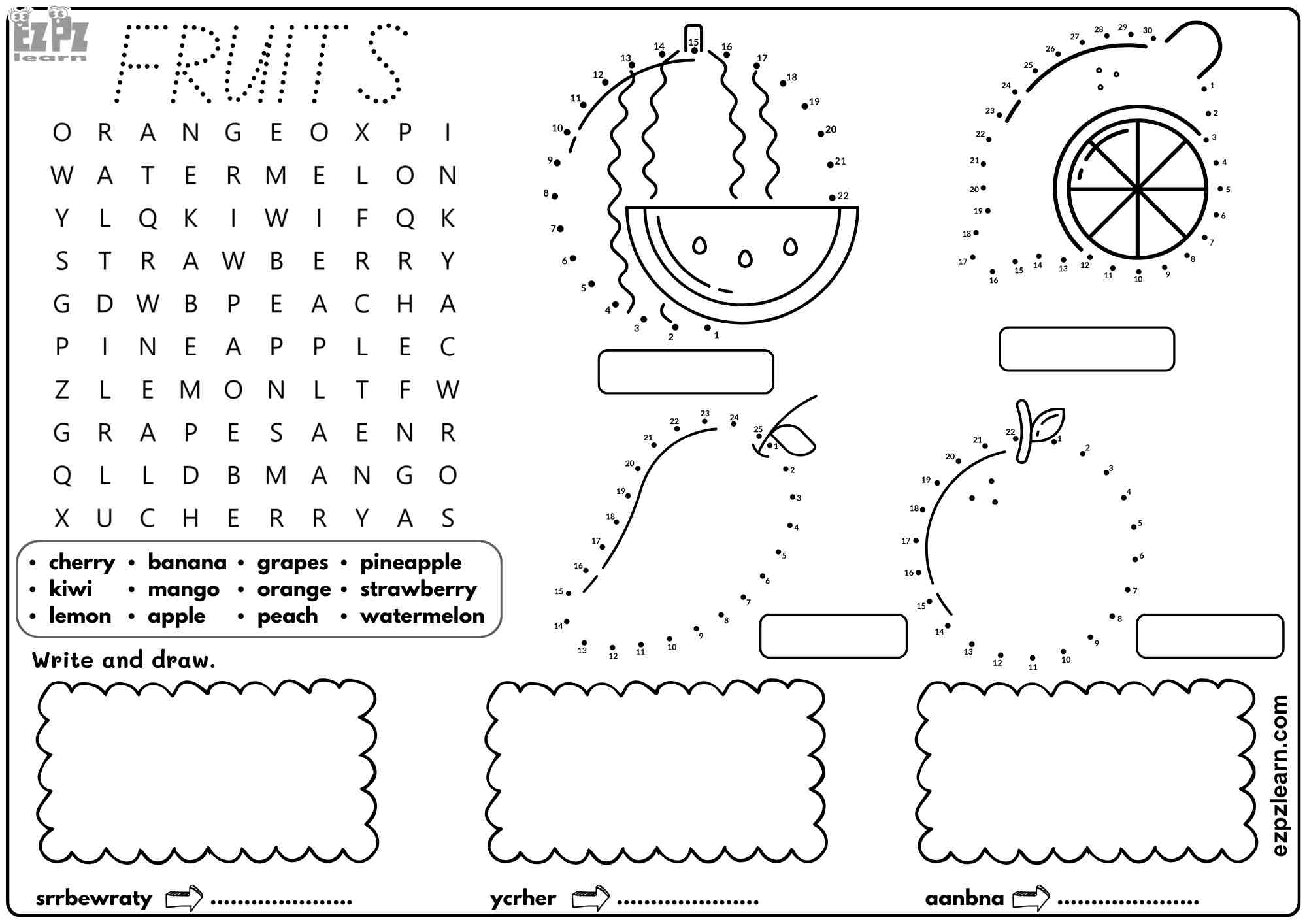 Fruits Vocabulary For Kids. Includes: Word Search, Dot to Dot, Drawing ...