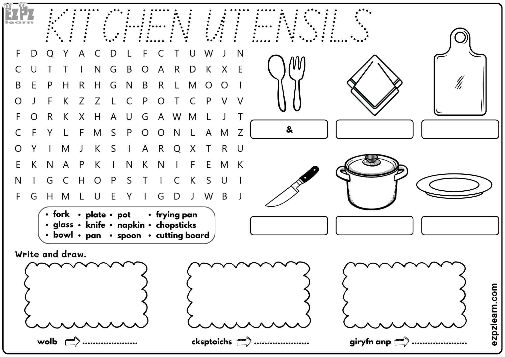 Kitchen Utensils and Objects Vocabulary For Kids. Includes: Word Search ...