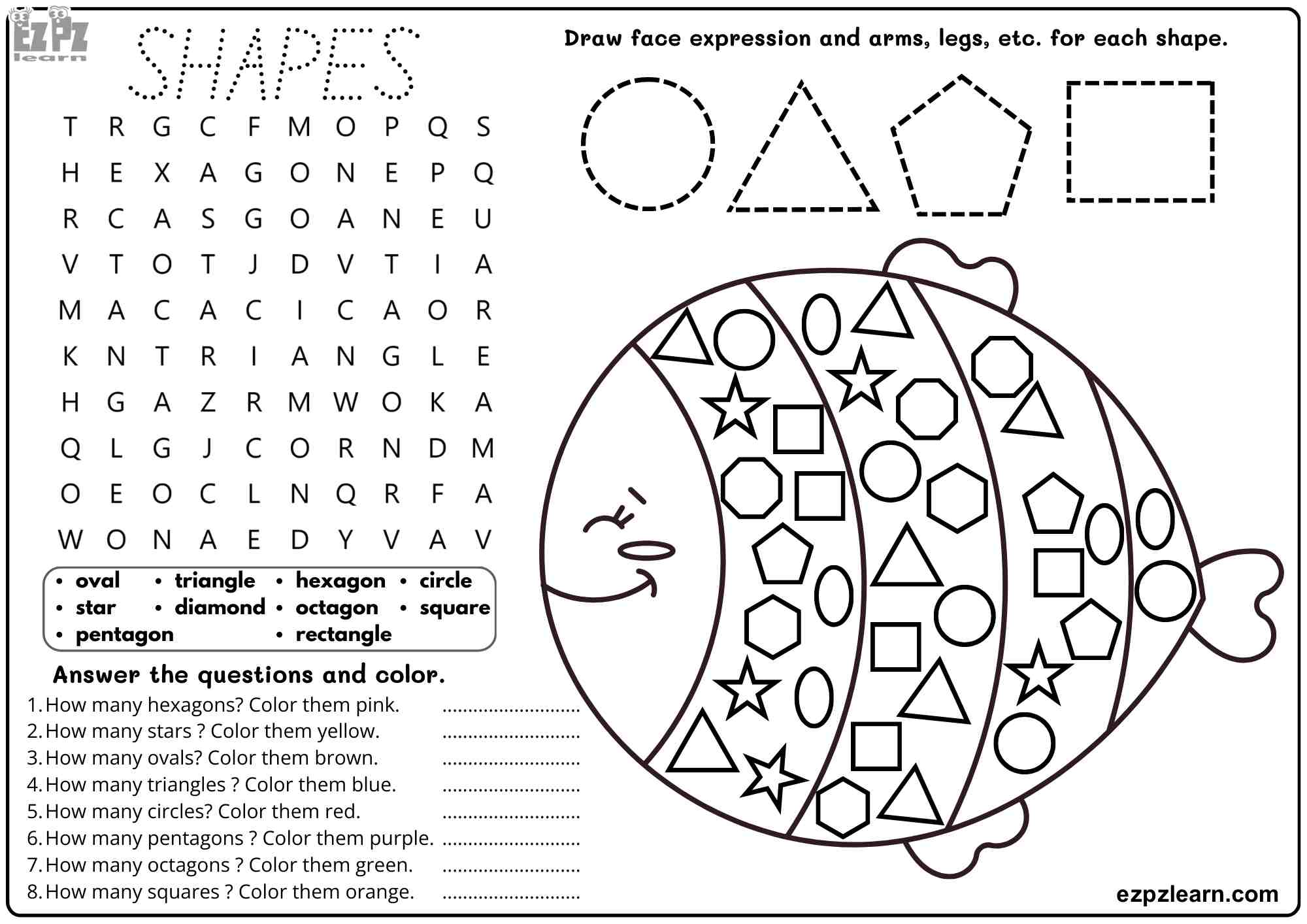 Shapes Vocabulary For Kids. Includes: Word Search, Answer the Questions ...
