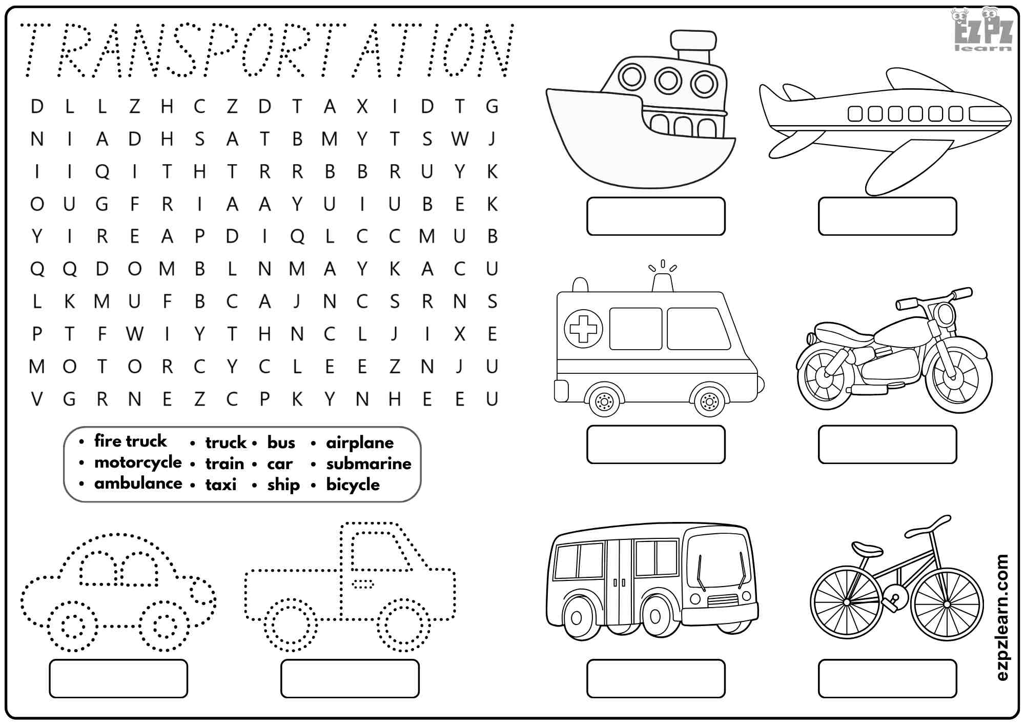 Transport Vocabulary For Kids. Includes: Word Search, Coloring, Dot to ...