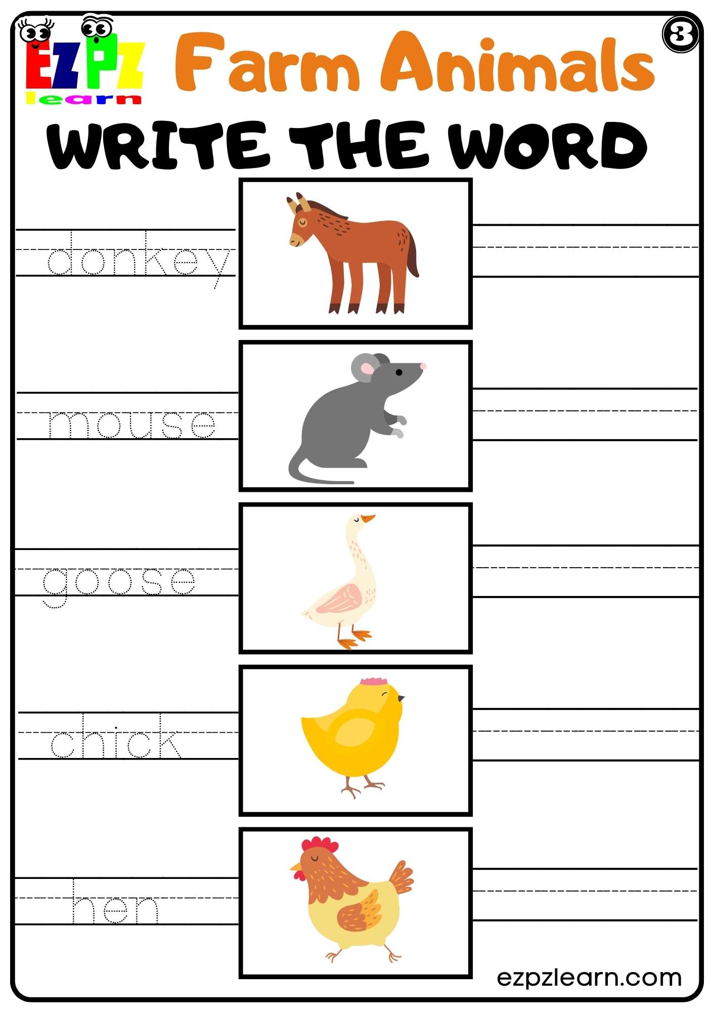 Farm Animals Write the Word for Kindergarten or ESL Students Free PDF ...