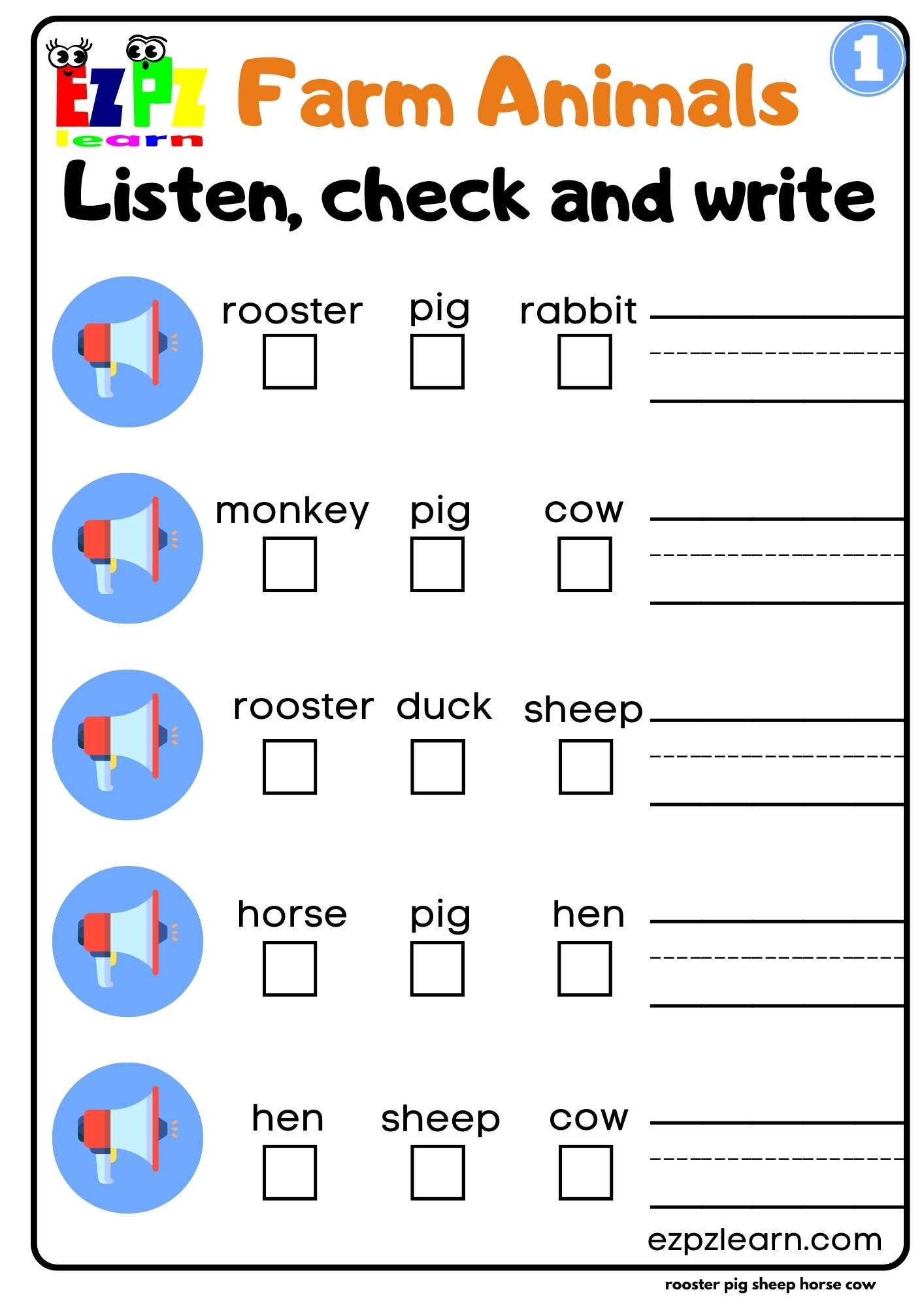 Listen Check and Write the Words Interactive Farm Animals Worksheet ...