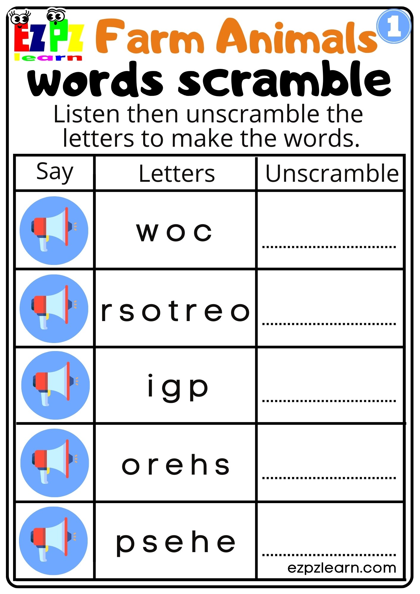 Listen and Unscramble the Words Interactive Farm Animals Worksheet ...