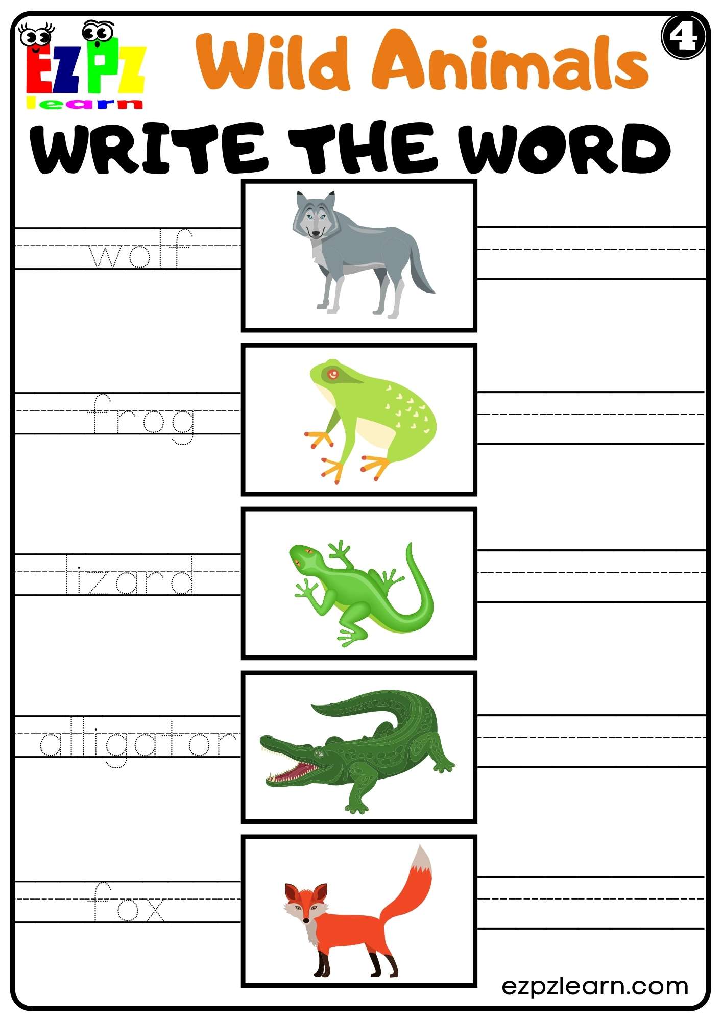 Wild Animals Write the Word Worksheet for Kids and ESL PDF Download Set ...