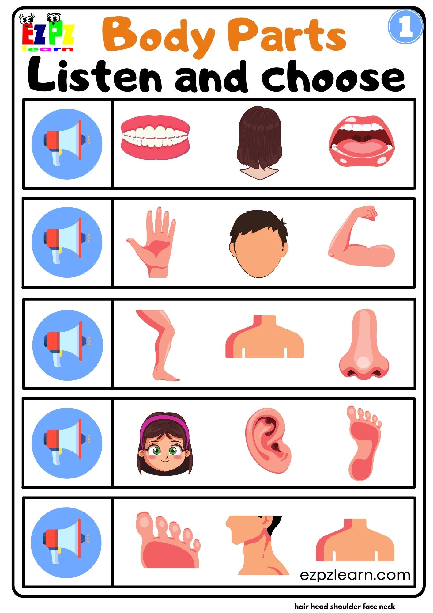 Interactive Worksheet for Body Parts Listen and Choose the Correct ...