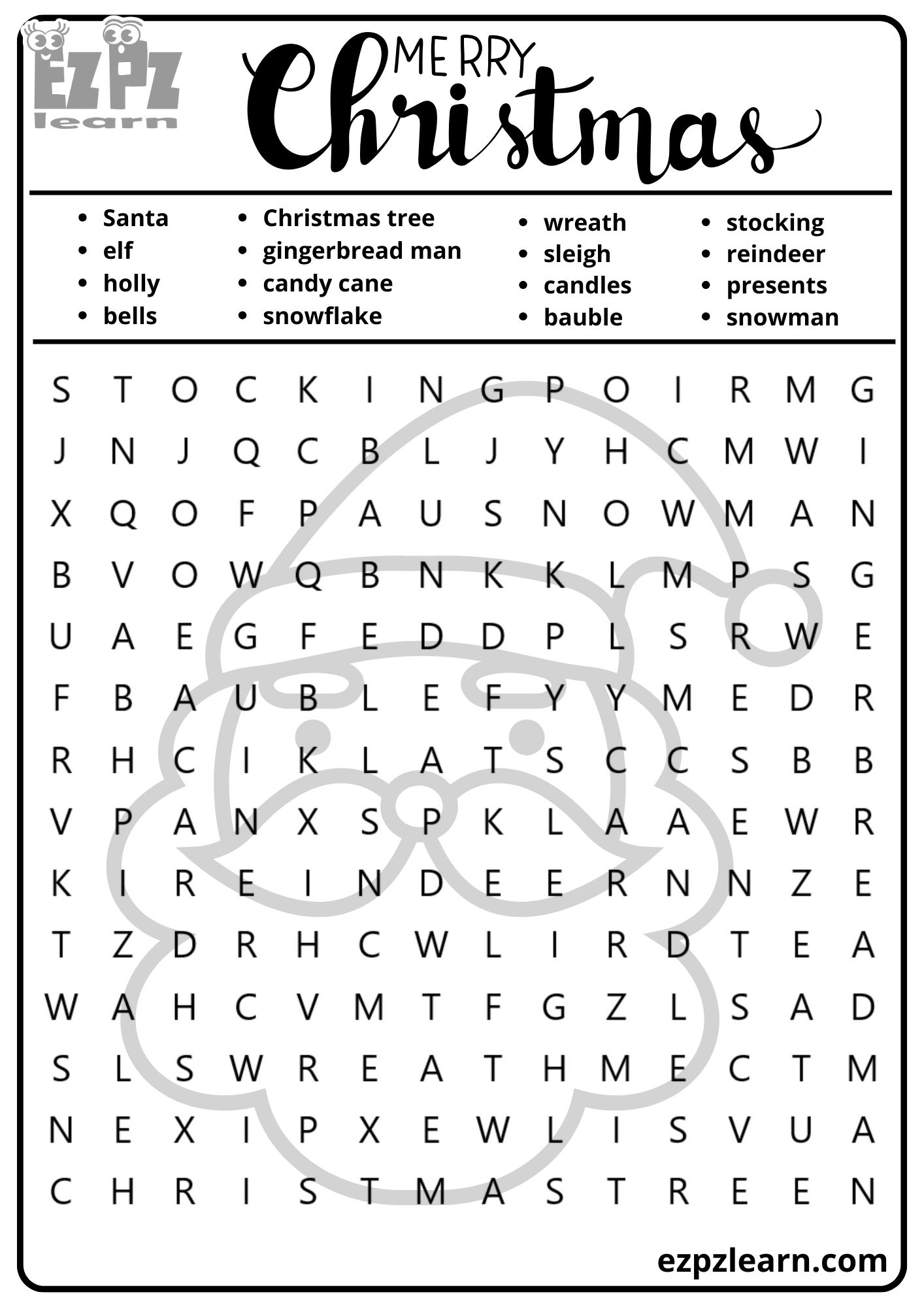 Merry Christmas Holiday Word Search 16 Words PDF Download - Ezpzlearn.com