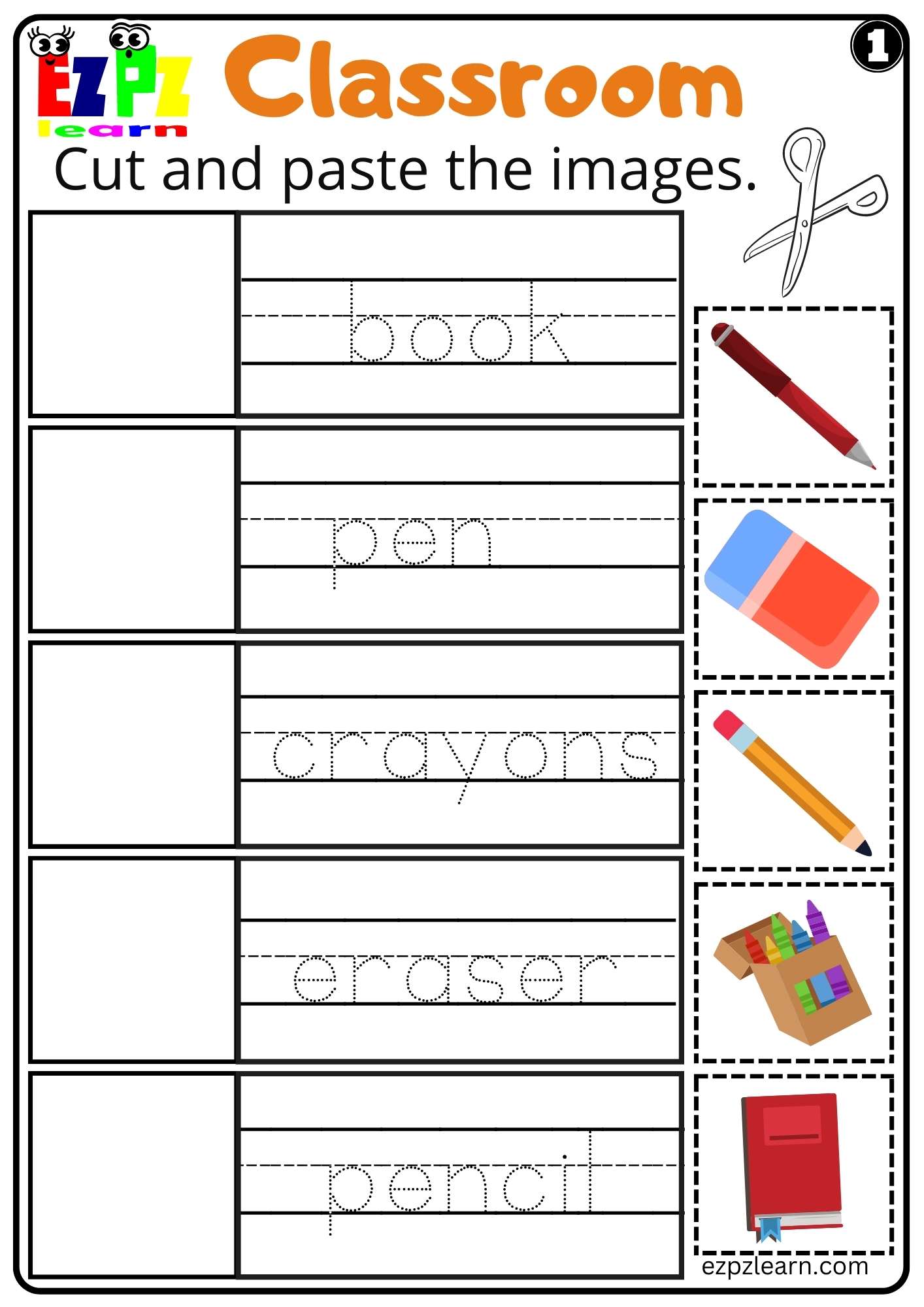 Classroom Objects Cut and Paste Set 1 Worksheet - Ezpzlearn.com