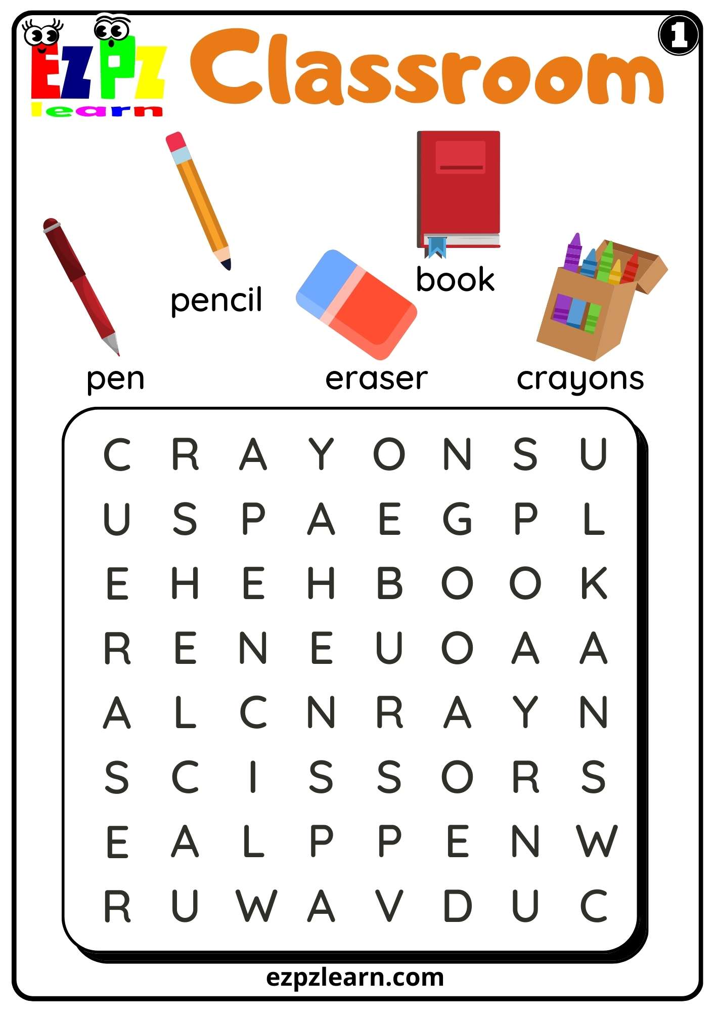 Classroom Objects Word Search Set 1 For Kids - Ezpzlearn.com