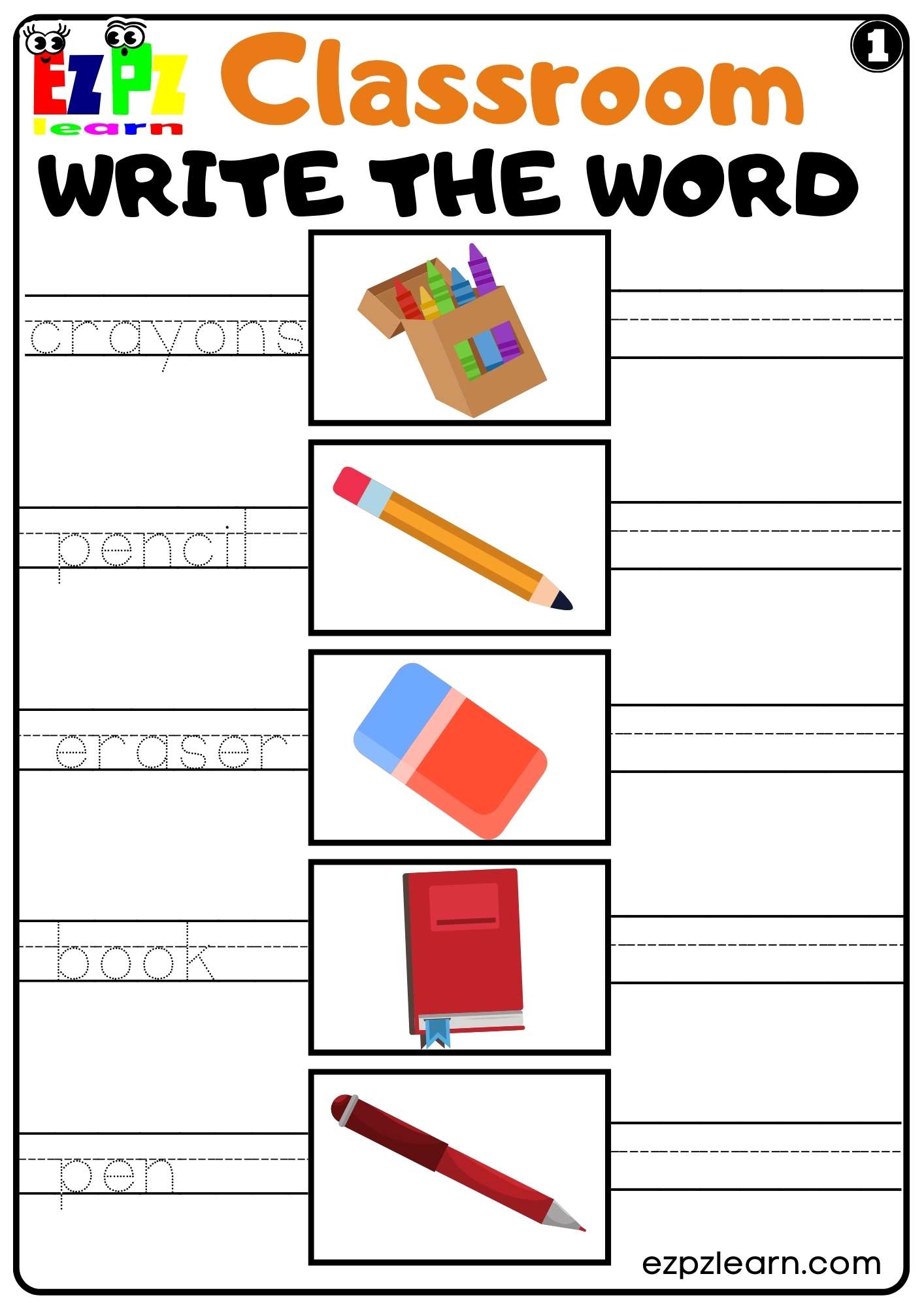 Classroom Objects Write the Word Worksheet Set 1 For Kids - Ezpzlearn.com