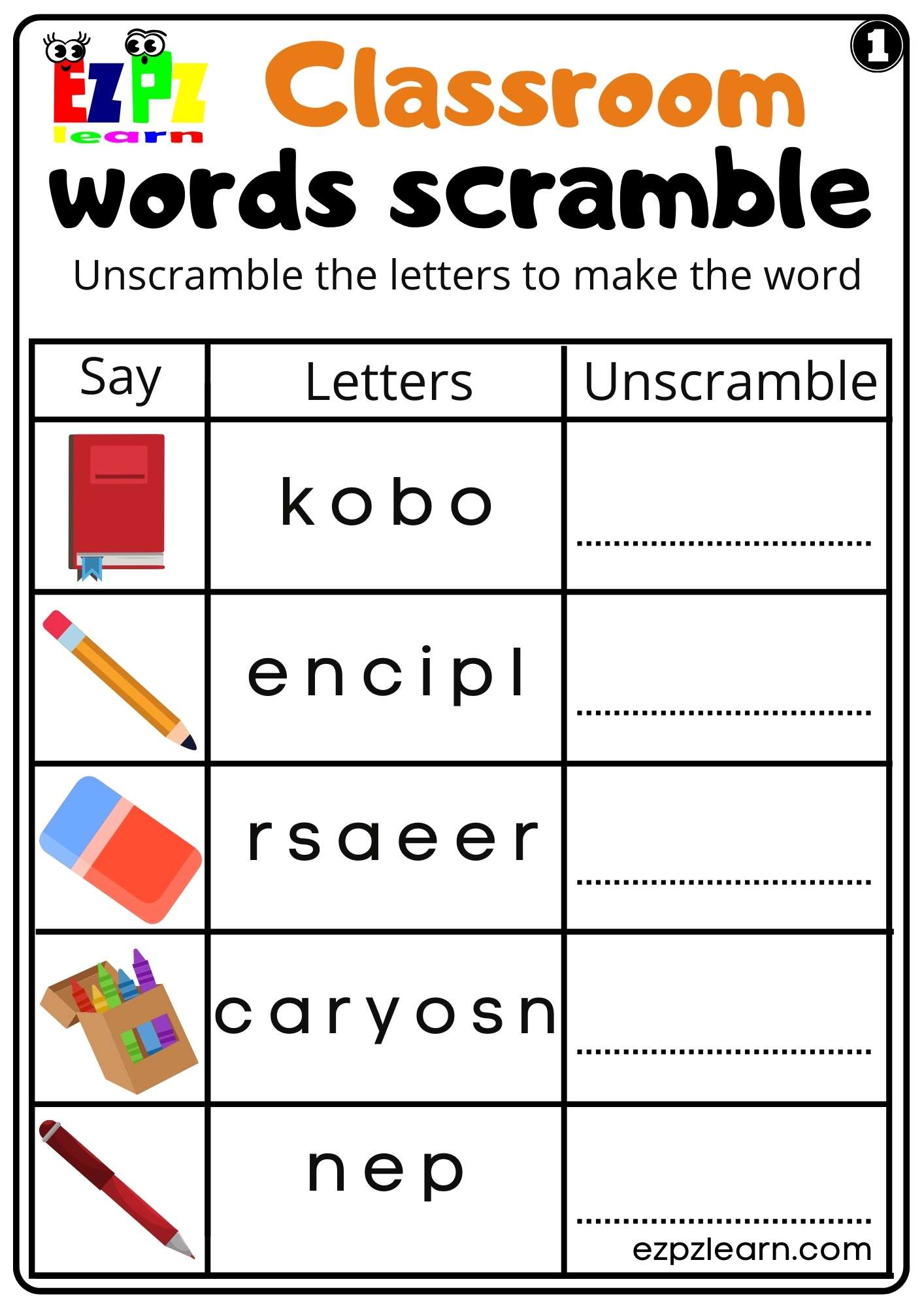 Classroom Objects Word Scramble Set 1 For Kids - Ezpzlearn.com