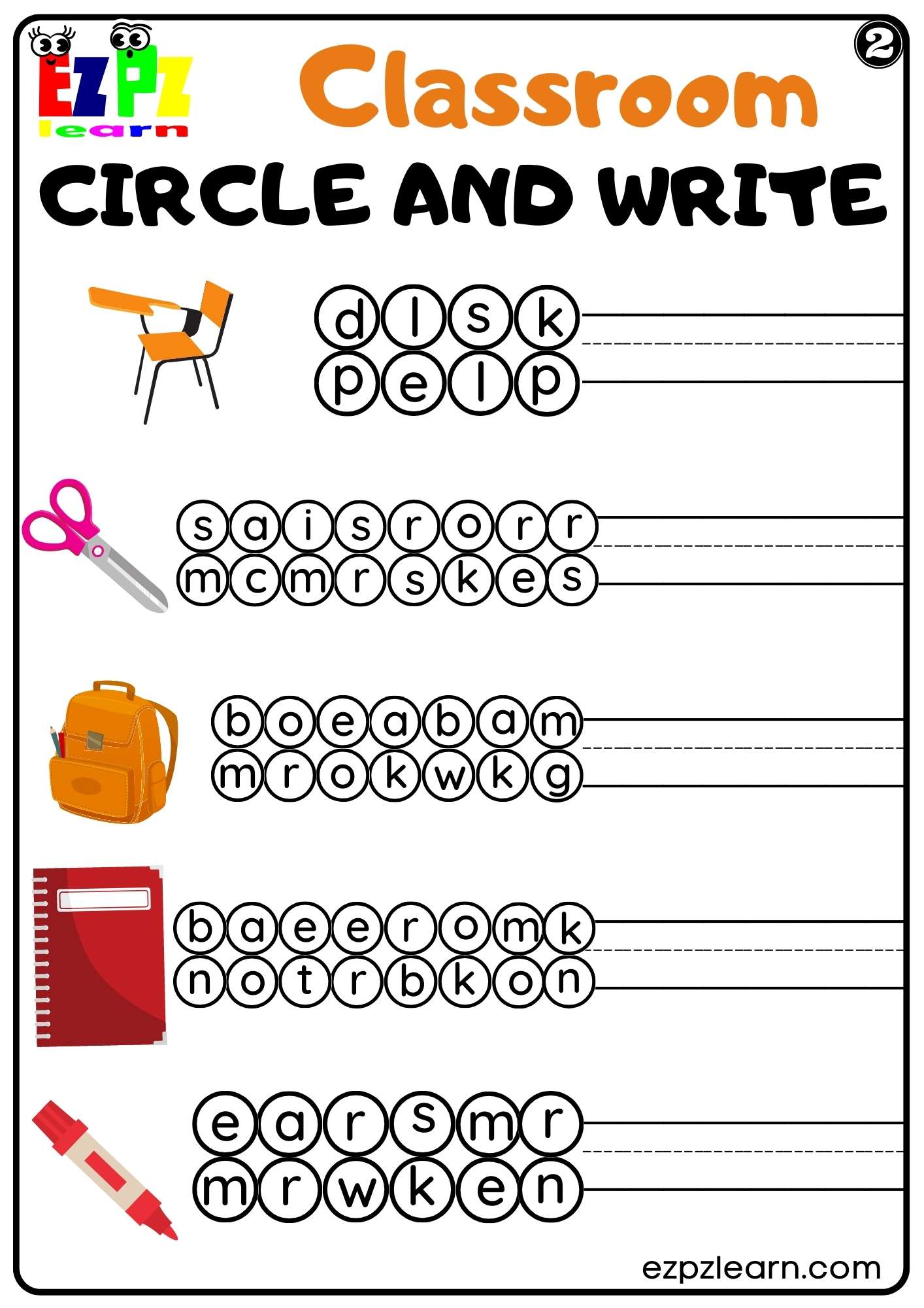 Classroom Circle and Write Worksheet Set 2 For Kids - Ezpzlearn.com