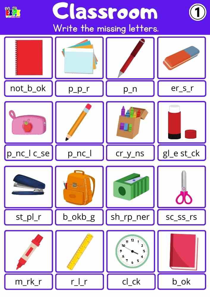 Classroom Objects Fill in the Missing Letters Worksheet Set 1 ...