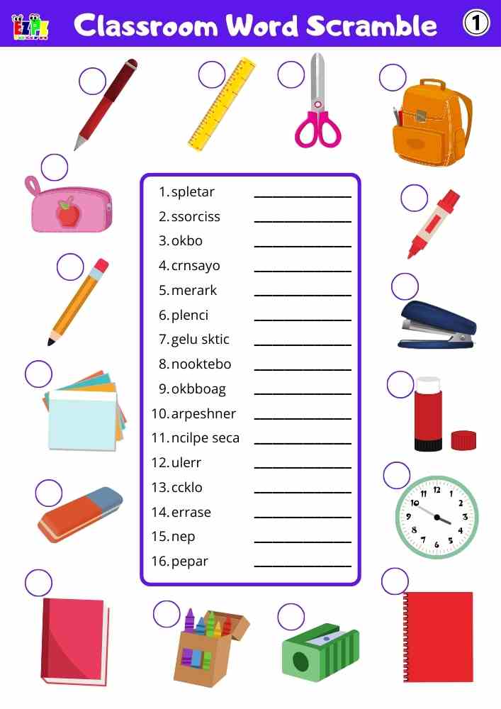 Classroom Objects Word Scramble Worksheet – Unscramble the Words Set 1 ...