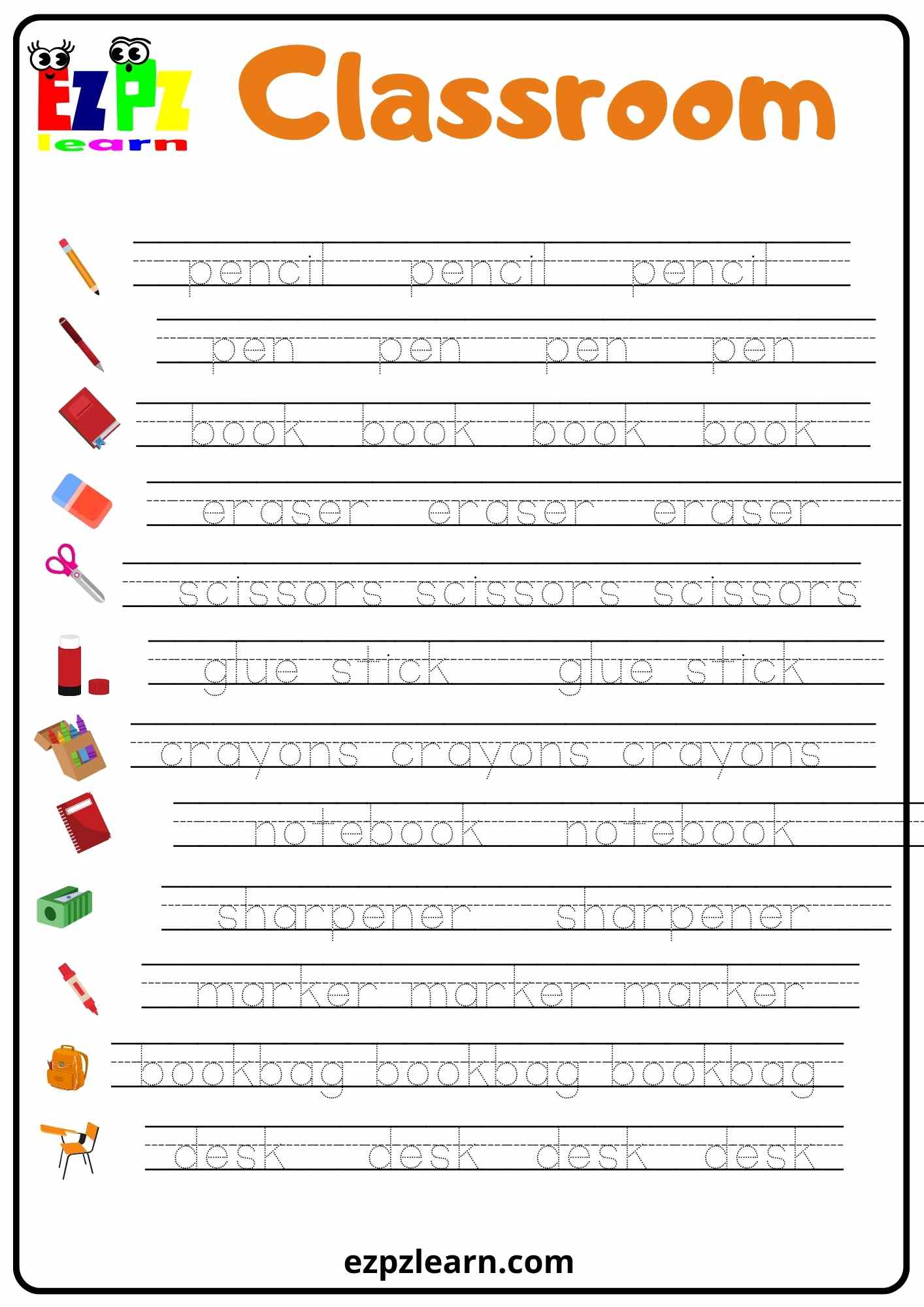 Colors Word Tracing Worksheet - Ezpzlearn.com