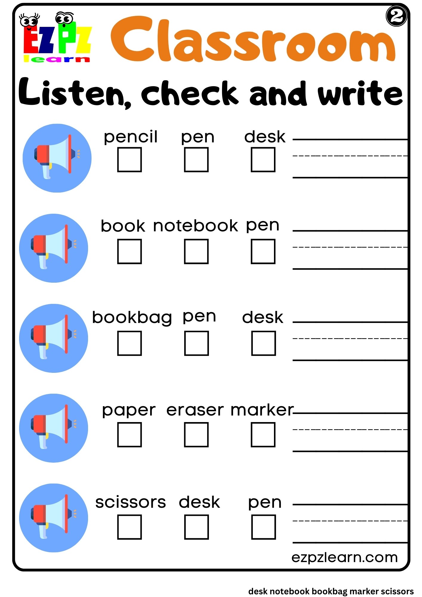 Listen Check and Write Interactive Worksheet for Classroom Objects ...