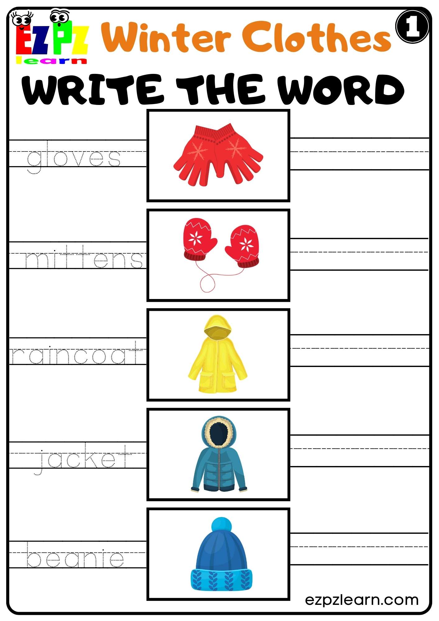 Winter Clothes Write the Word Worksheet for K5 and ESL PDF Download Set ...