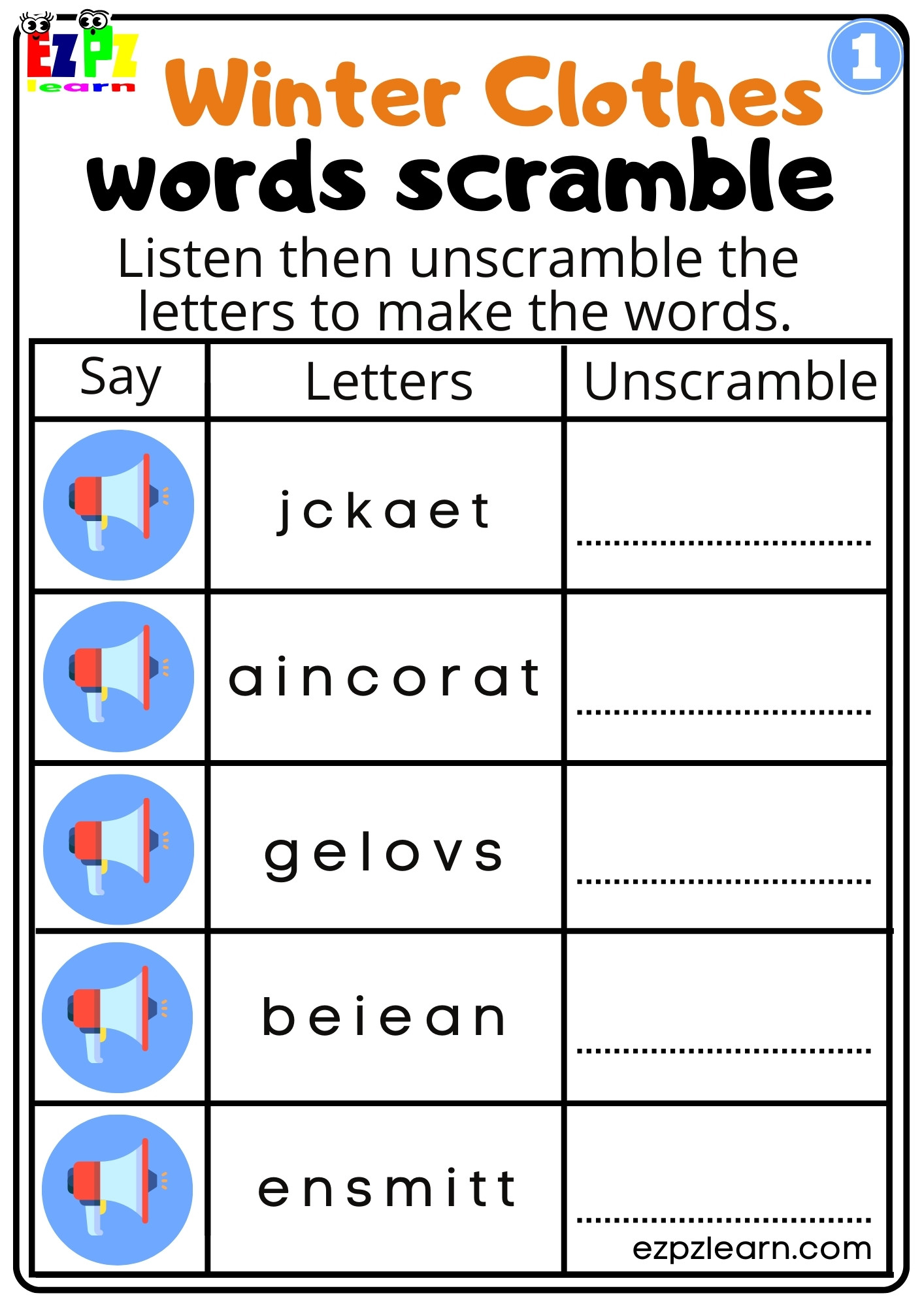 Interactive Winter Clothes Worksheet Listen, Unscramble and Write ...